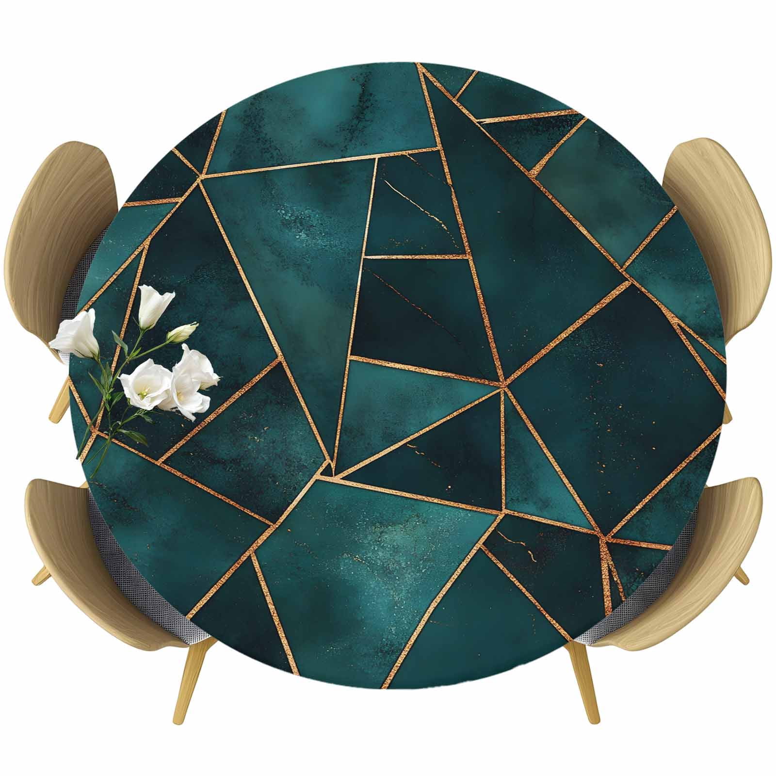 Geometric Pattern Round Fitted Table Cover Dark Green Triangle Collage ...