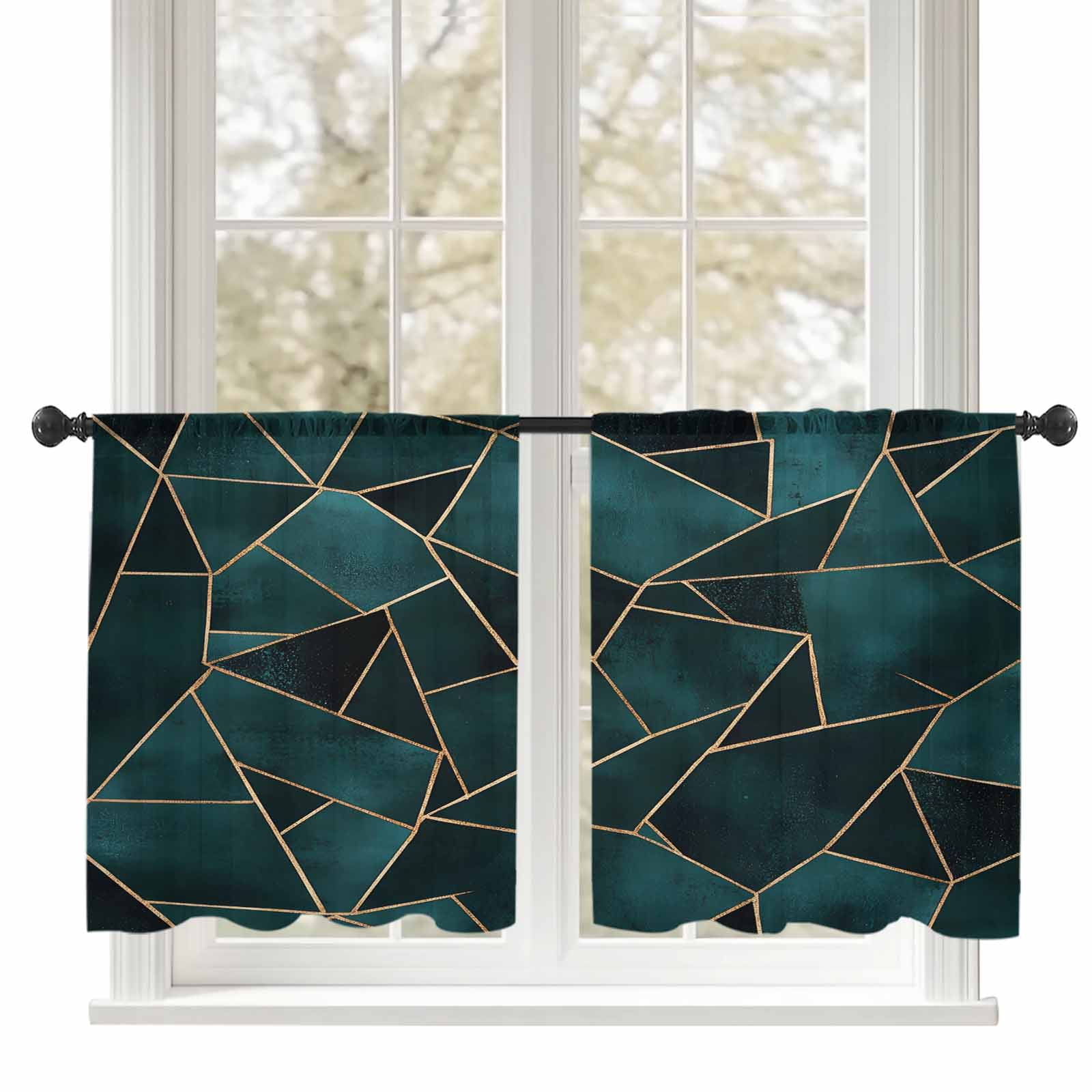 Geometric Pattern Sheer Curtains 45 inches Long 2 Panels Set Dark Green ...