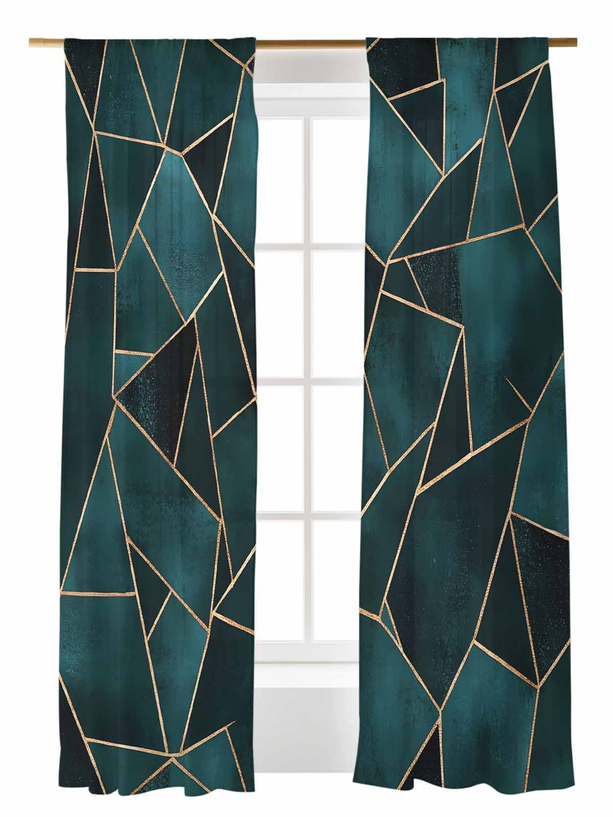 Geometric Pattern Sheer Curtains 84 inches Long 2 Panels Set Dark Green ...