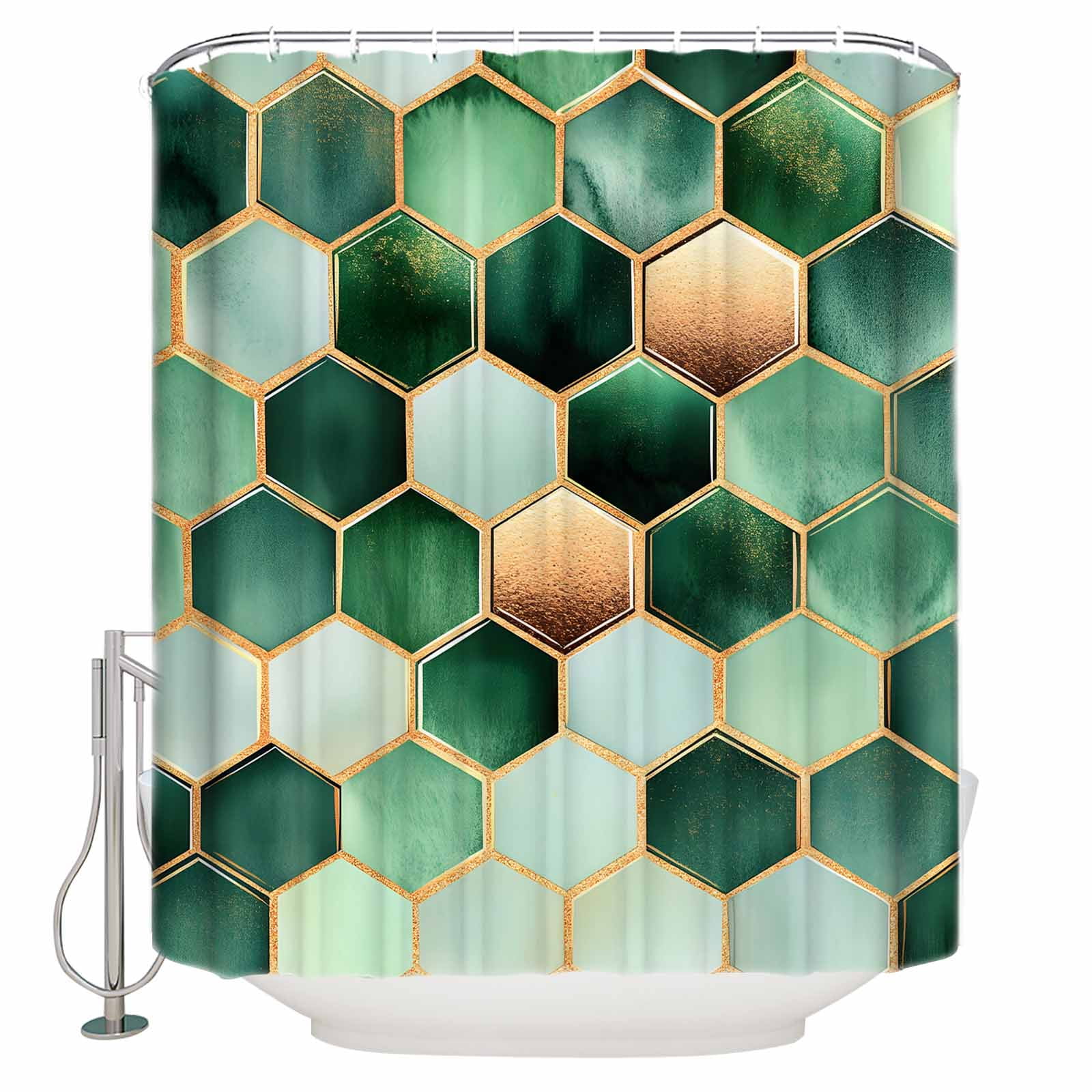 Geometric Pattern Shower Curtain, 66" x 72", Green Brown Hexagon ...