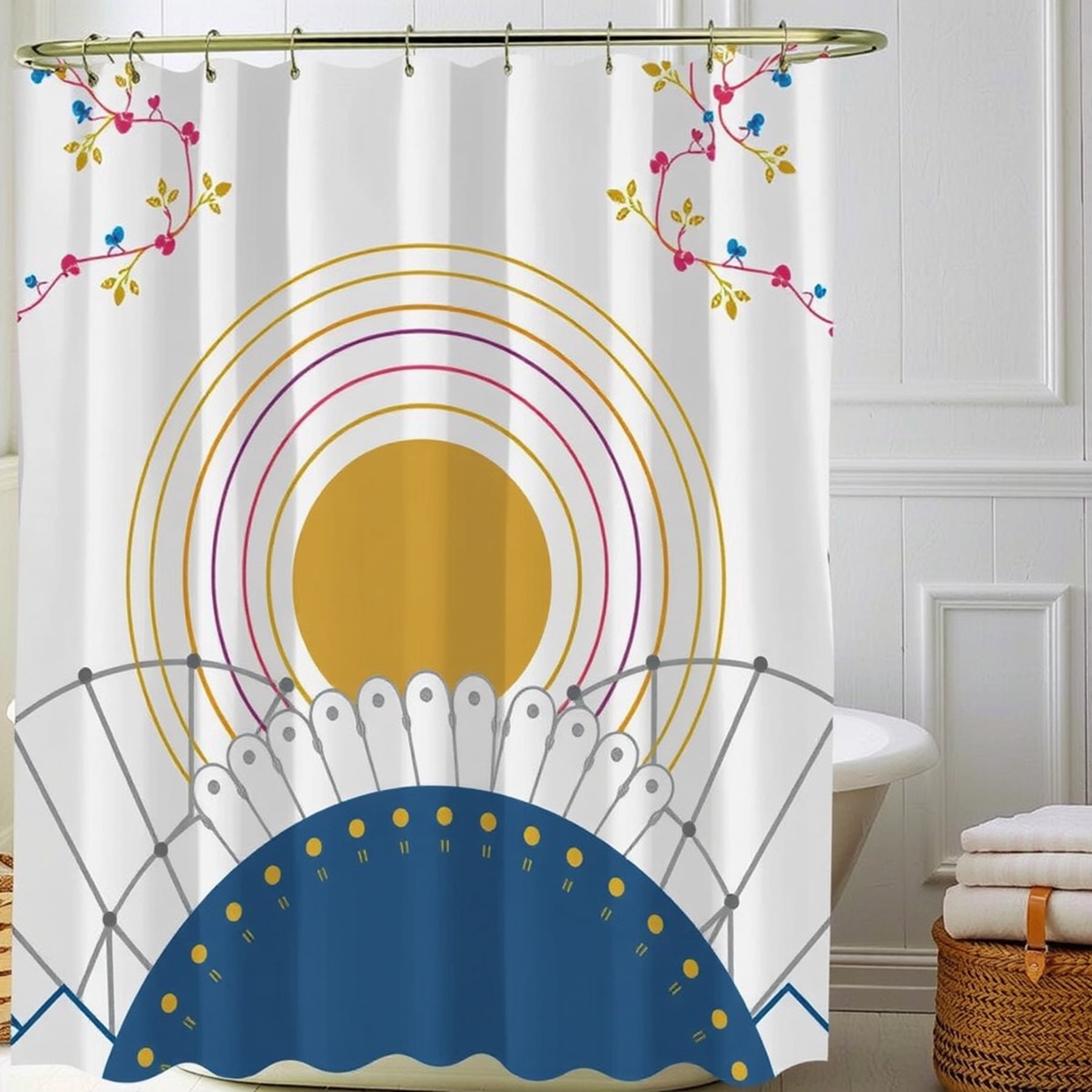 Geometric Pattern Shower Curtain with Yellow Circle, Blue Semicircle ...