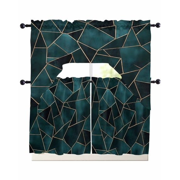 Geometric Pattern Swag Valance and Tier Curtains Set Dark Green ...