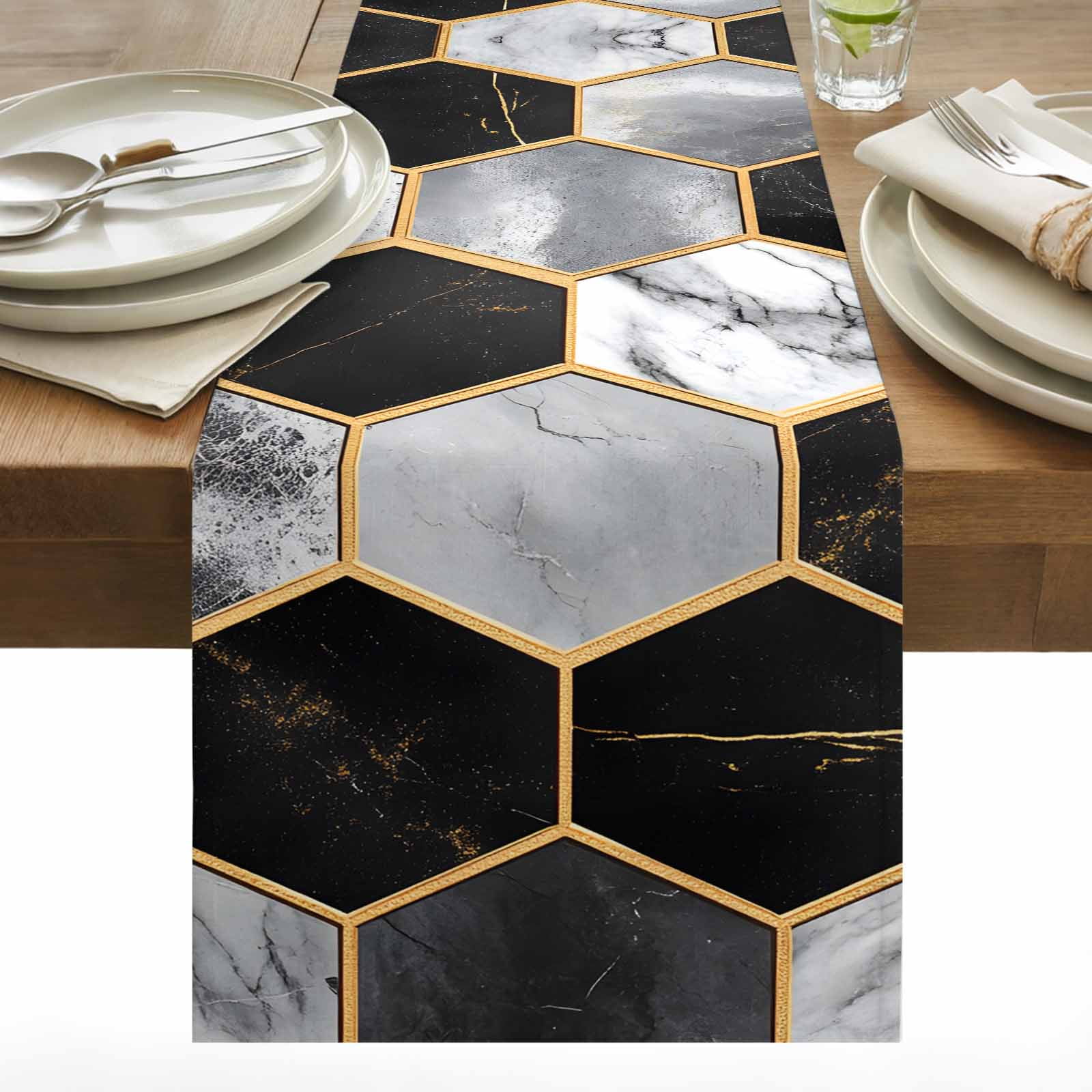 Geometric Pattern Table Runner 13x108 inch Black Gary Hexagon Collage ...