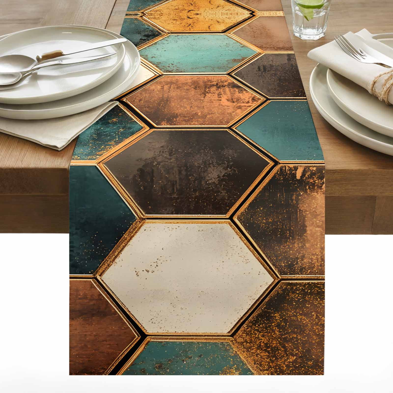 Geometric Pattern Table Runner 13x108 inch Colorful Hexagon Collage Art Cotton Linen Dining ...