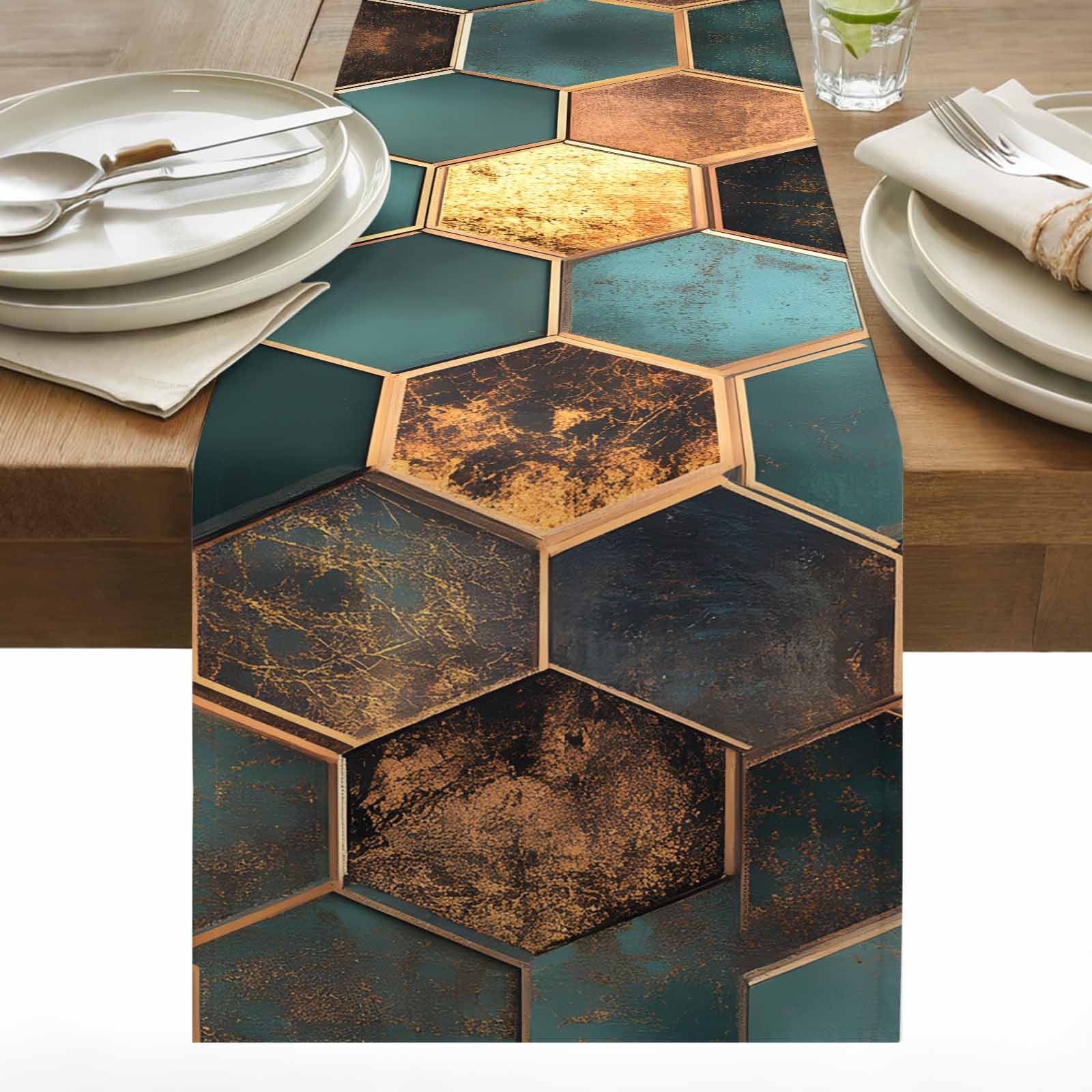 Geometric Pattern Table Runner 13x60 inch Colorful Hexagon Collage Oil ...
