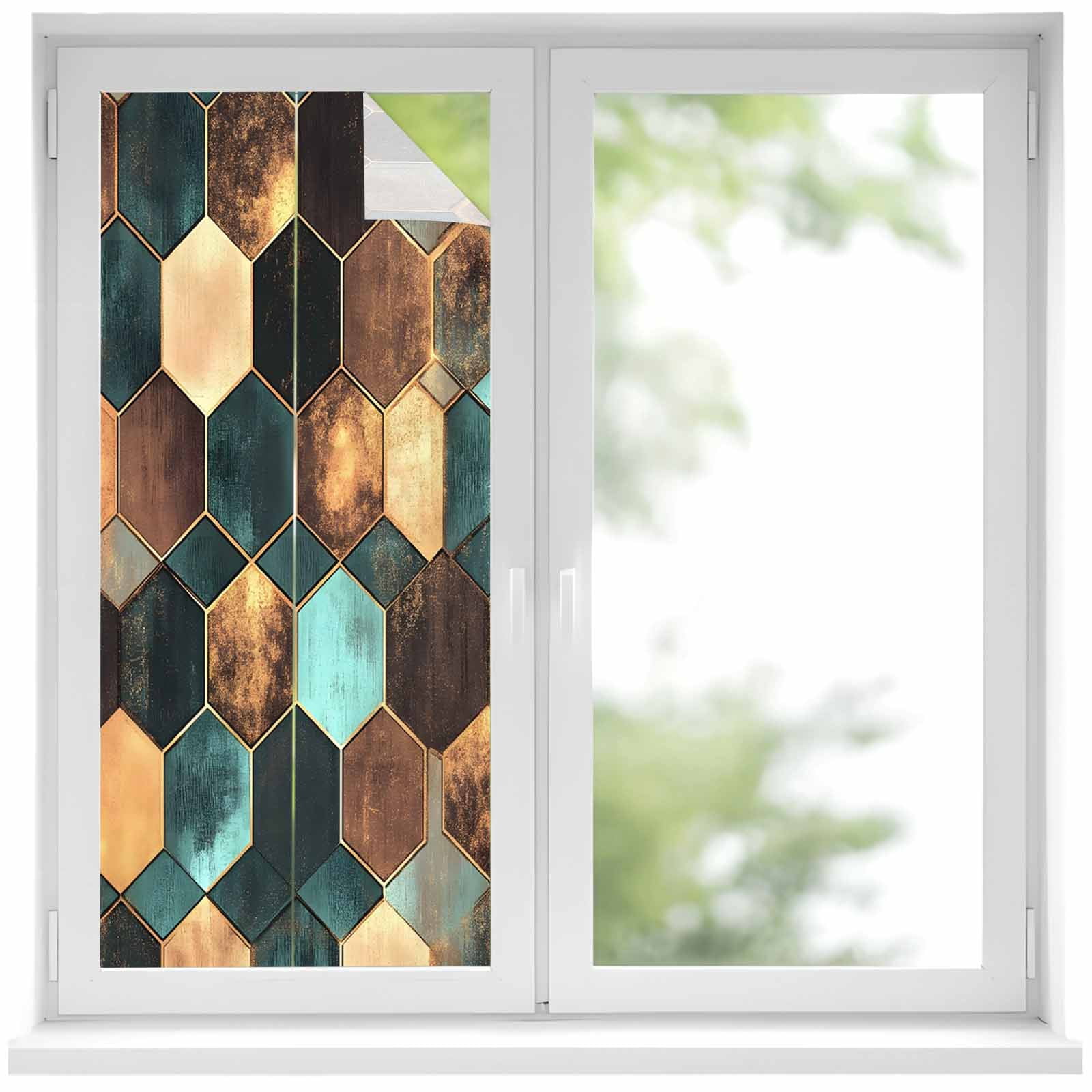 Geometric Pattern Window Privacy Film Brown Green Hexagon Collage Art ...