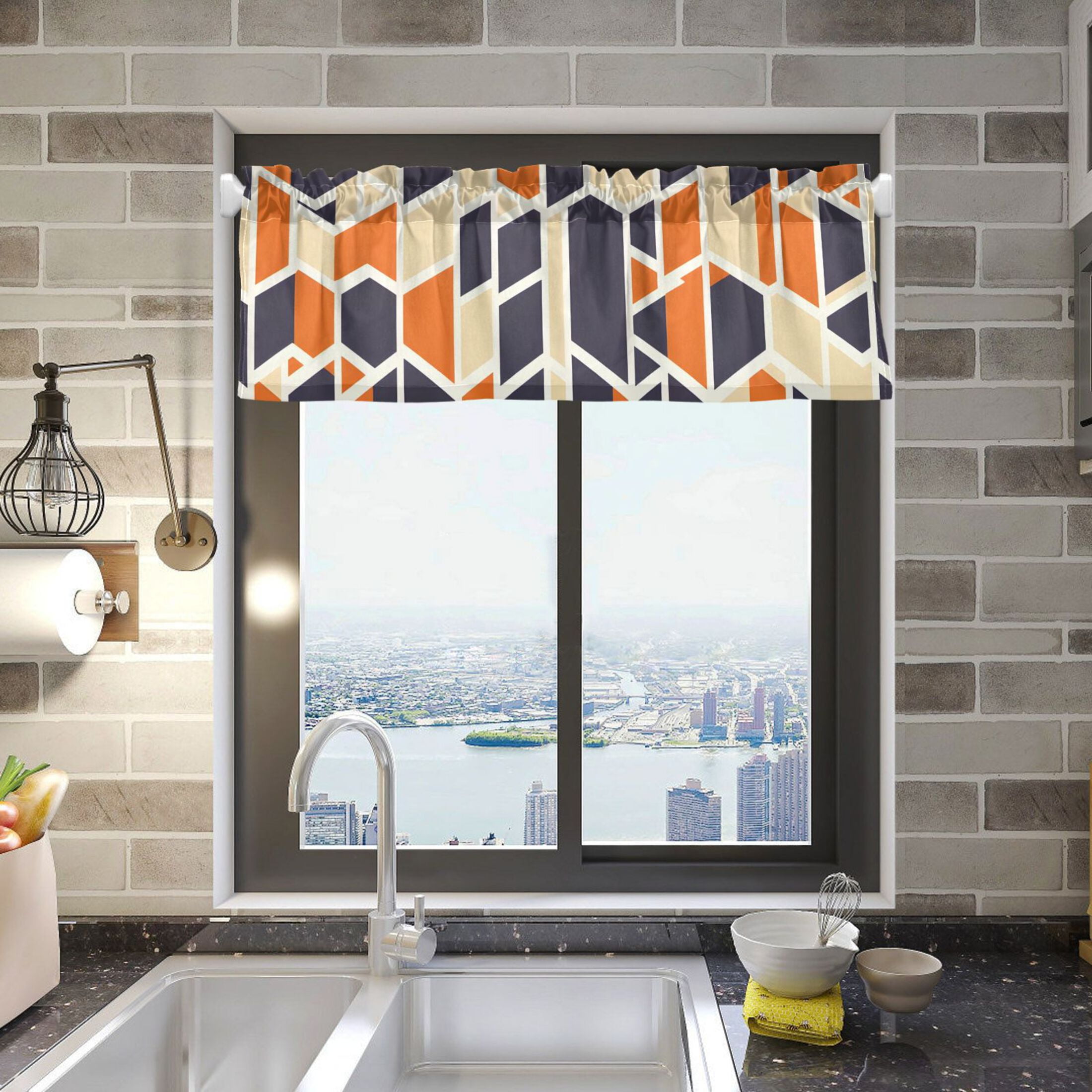 Geometric Patterns in Navy Blue and Orange Curtain Valances for Windows ...