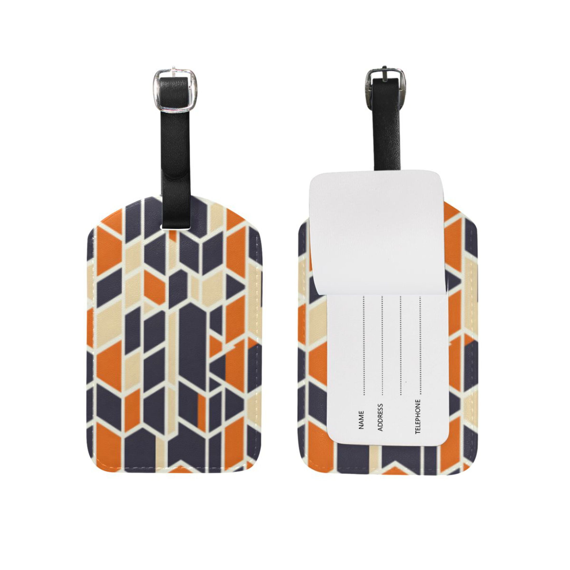 Geometric Patterns in Navy Blue and Orange Luggage Tags PU Leather Name ...