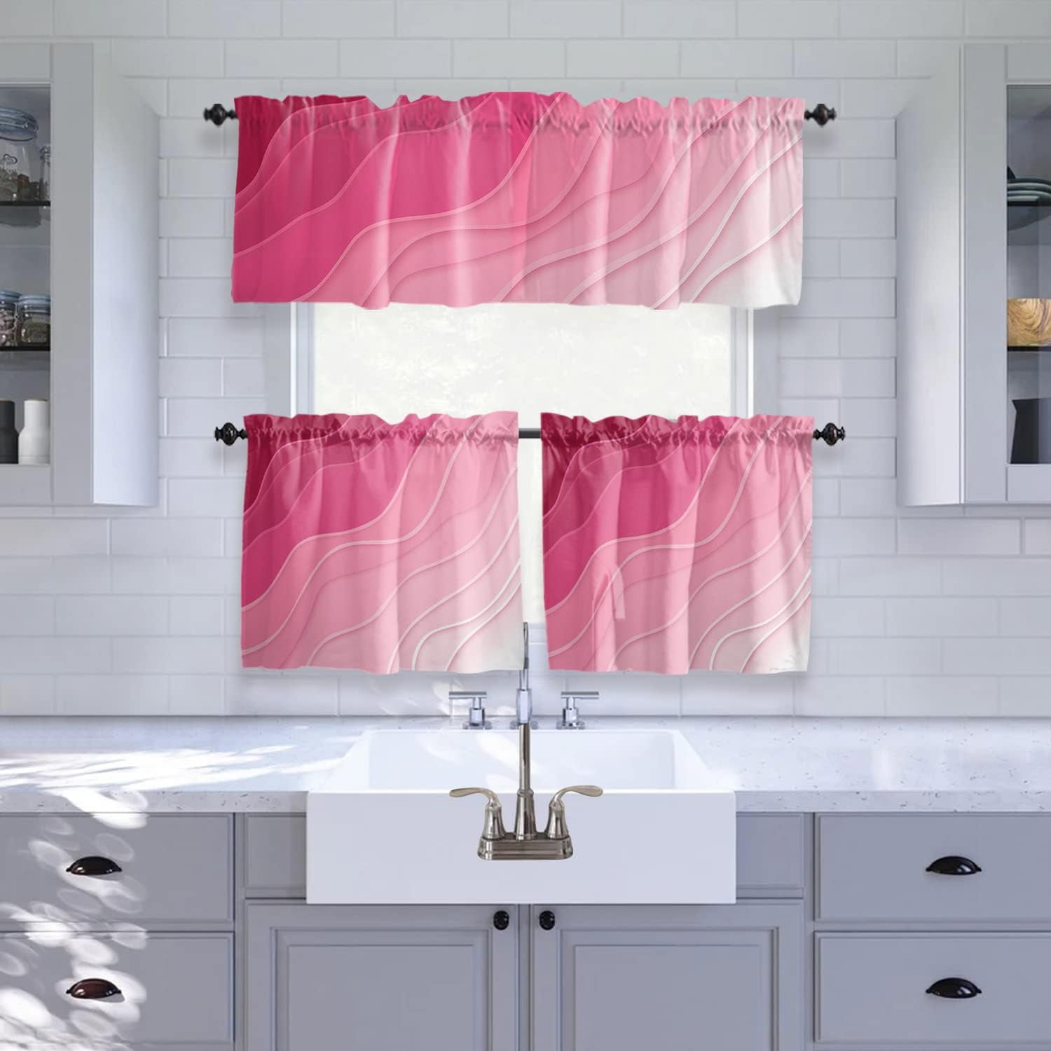 Geometric Pink Kitchen Window Valance and Tier Set,Color Gradient ...