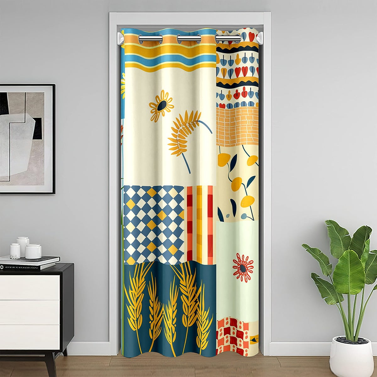 Geometric Plaid Patchwork Door Curtain Privacy,Nature Plant Flower ...