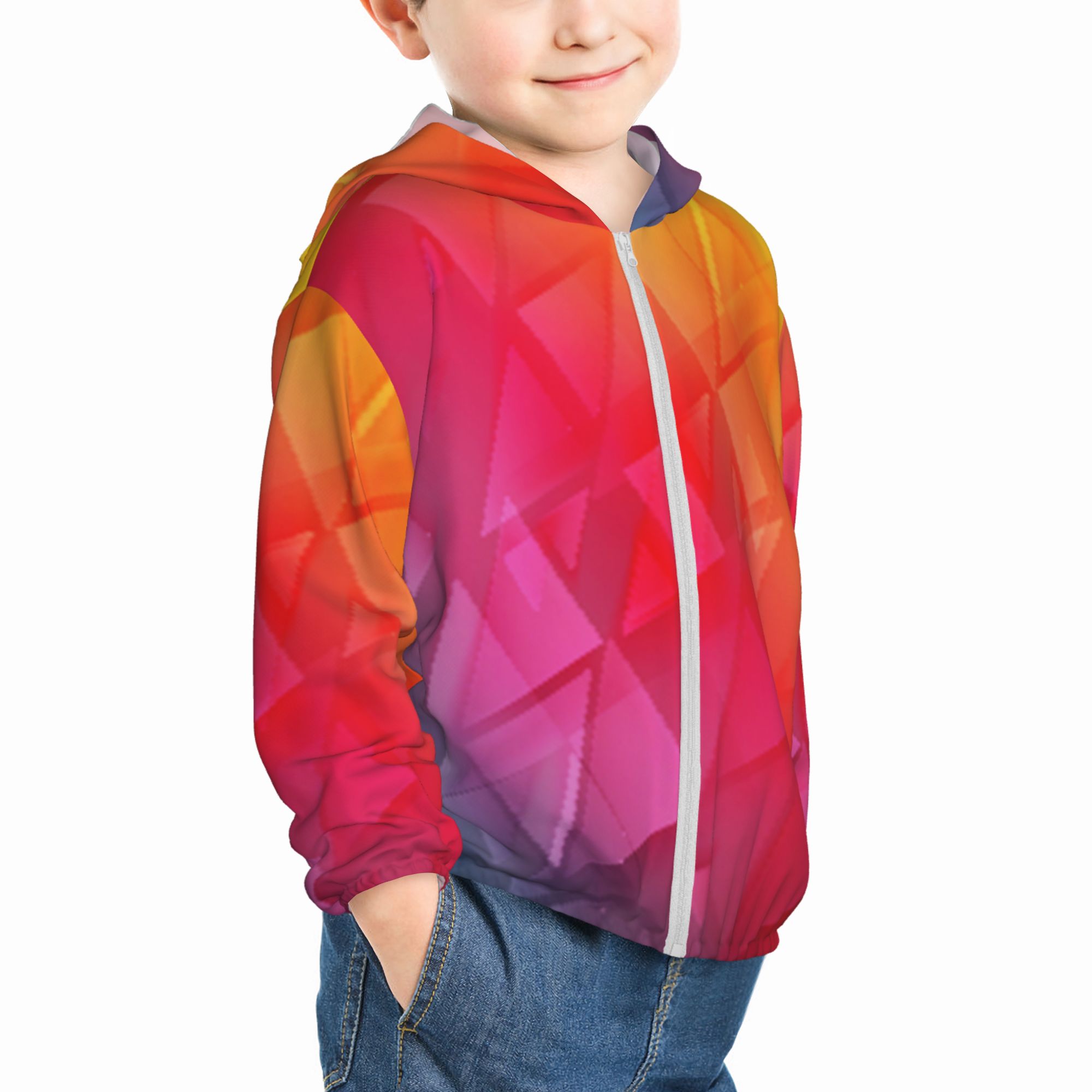 Geometric Polygon Background Kids Zip-Up Hoodie Girls Boys Sun Protection Jacket Hooded Cooling ...