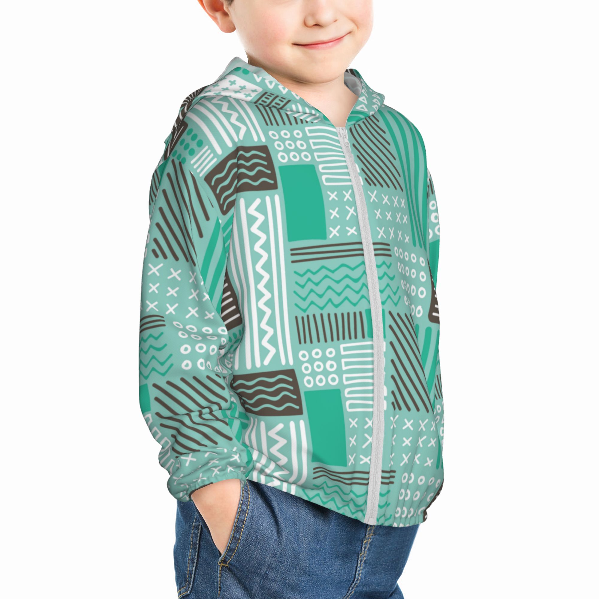 Geometric Polygon Background Kids Zip-Up Hoodie Girls Boys Sun Protection Jacket Hooded Cooling ...