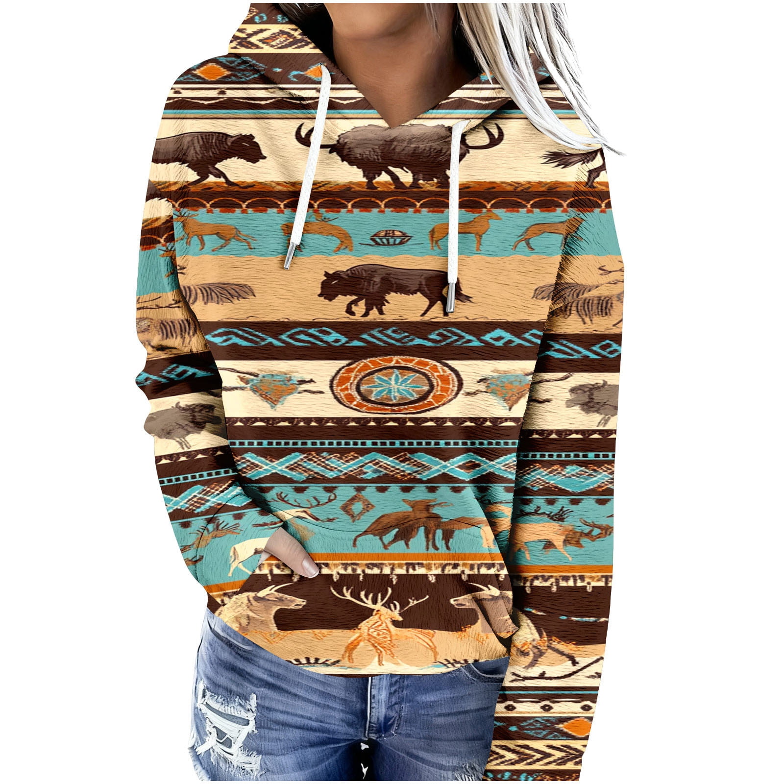 Geometric Print Western Aztec Hoodies for Women Ethnic Style Pullover ...