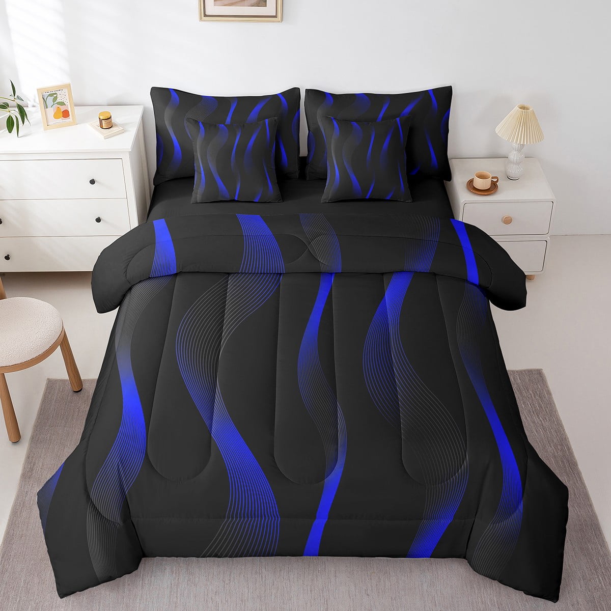 Geometric Queen Size Bed in a Bag Modern Blue Stripe Bedding Sets Men ...