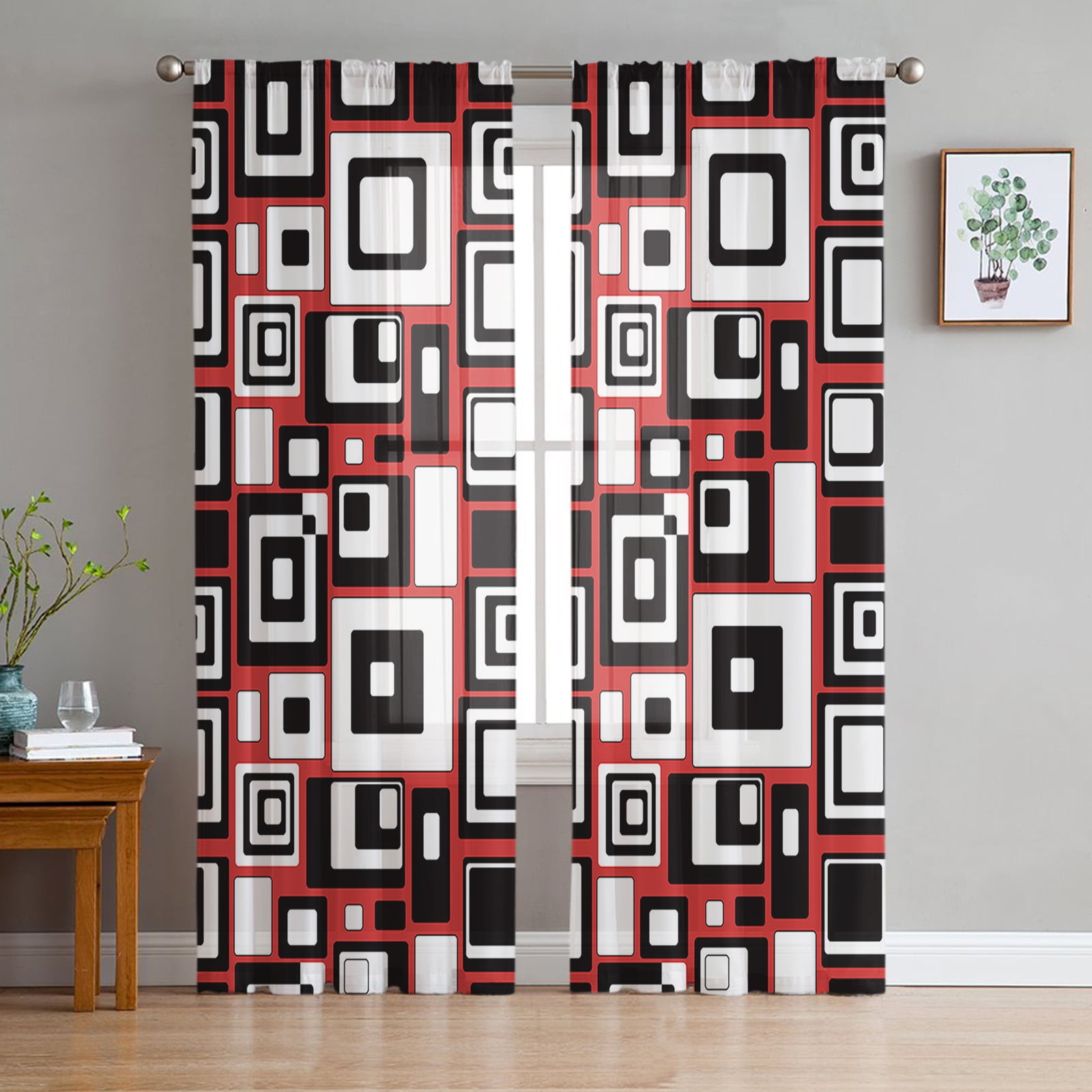 Geometric Rectangle Red Black Tulle Curtains for Living Room ration ...