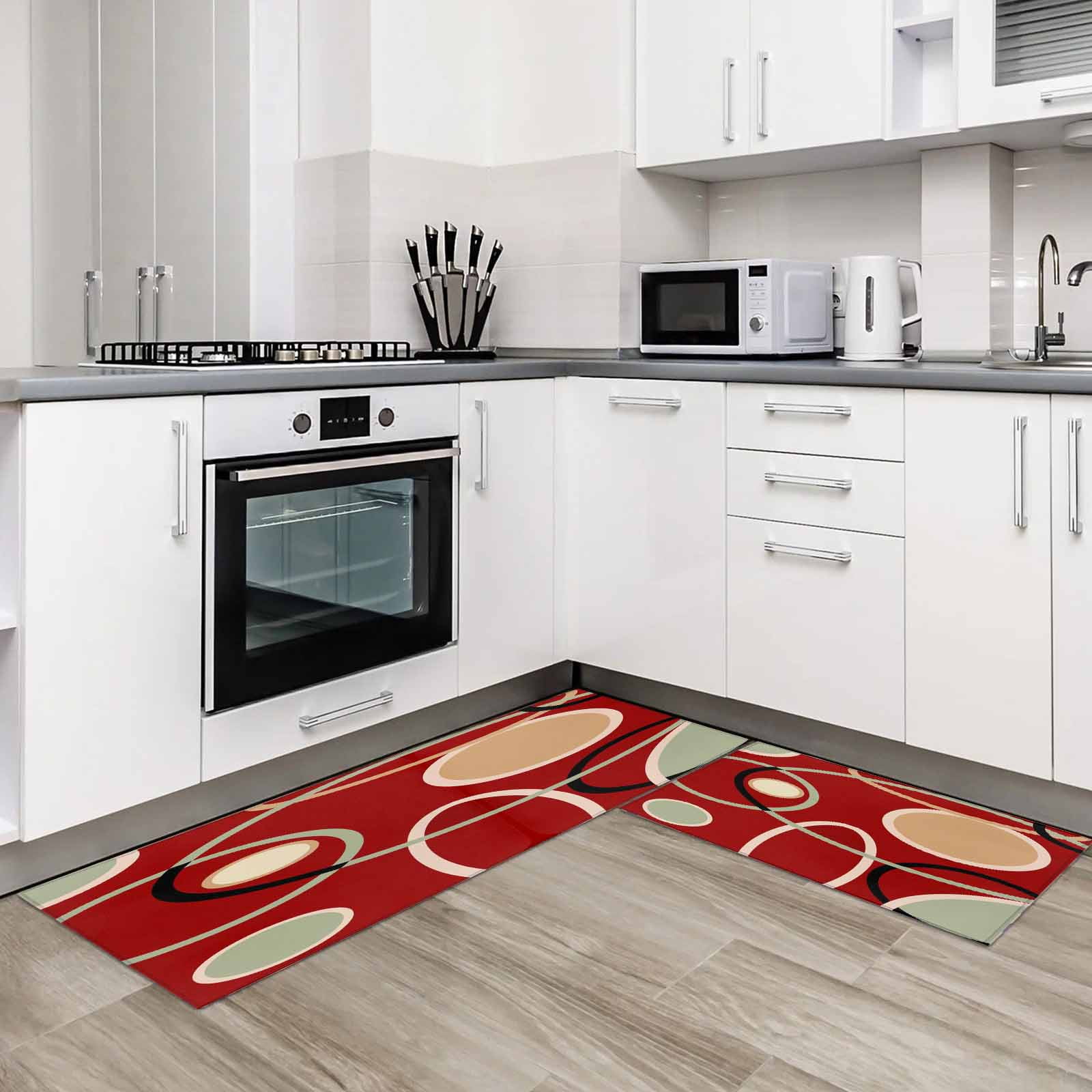 Geometric Red 2 Pieces Non-Slip Kitchen Mat Set Boho Retro Abstract ...