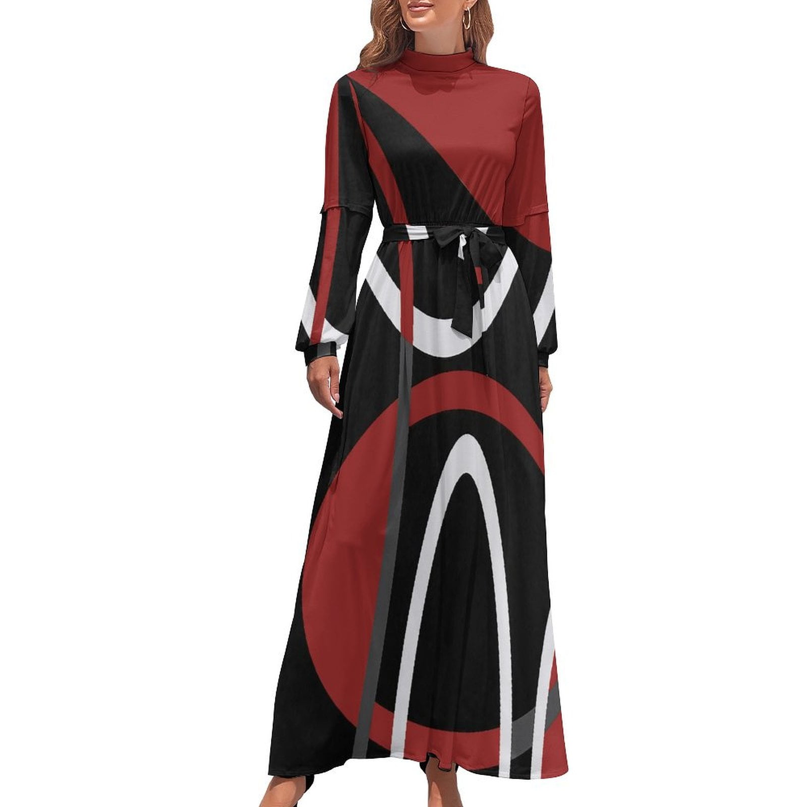 Geometric Red Black Modern Abstract Minimalist Circular Line Long Dress ...
