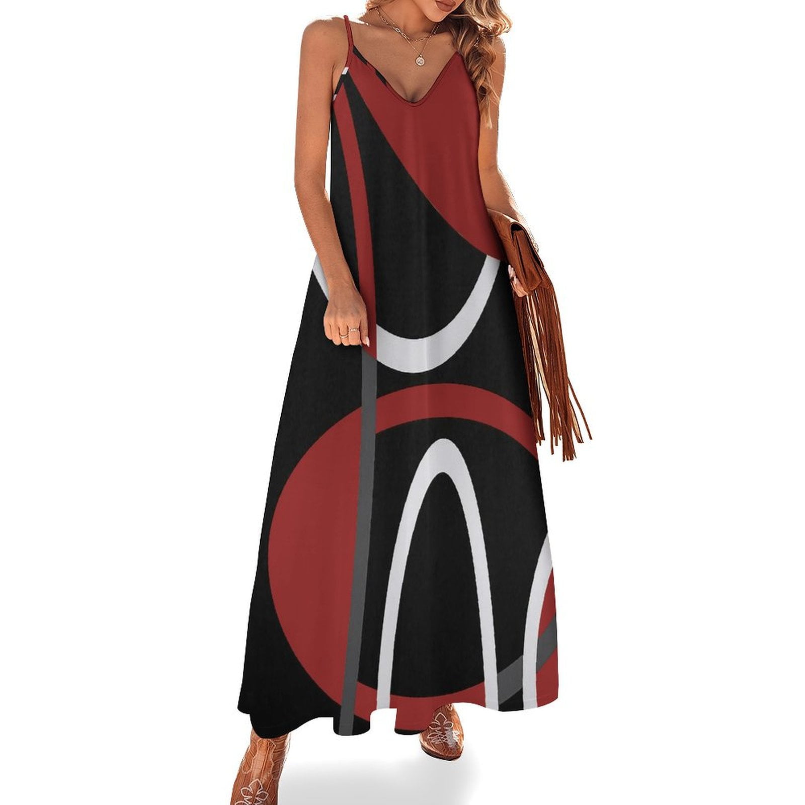 Geometric Red Black Modern Abstract Minimalist Circular Line Sleeveless Dress Loose Women's ...