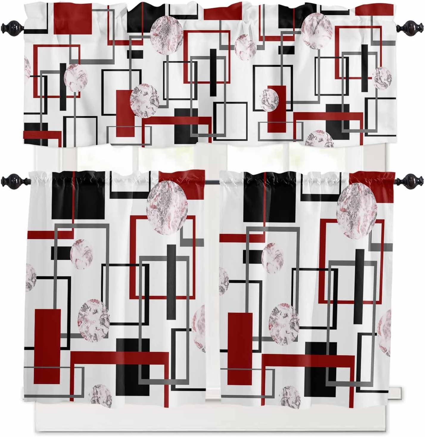 Geometric Red Kitchen Curtains and Valances Set, Rod Pocket Curtains ...