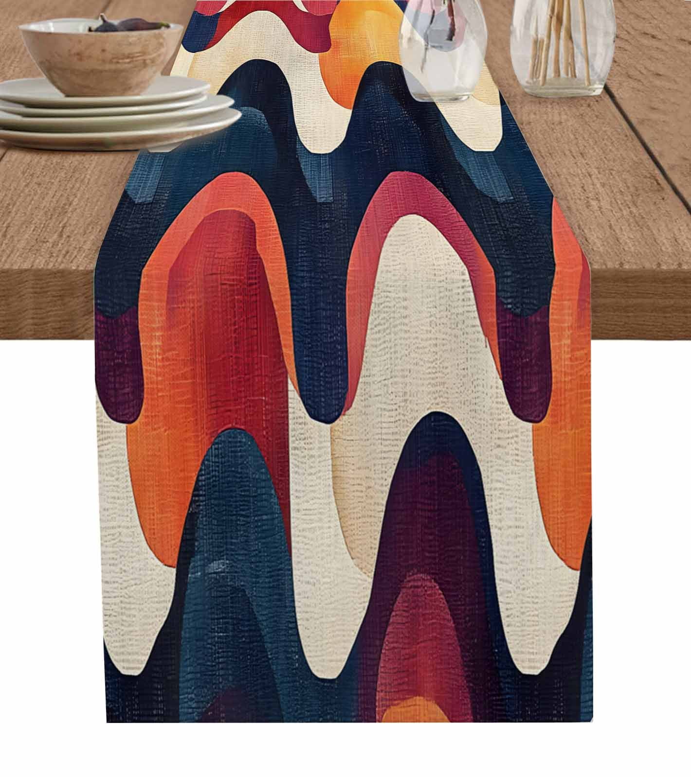 Geometric Red Orange Blue Table Runner 72 Inches, Modern Color Block ...