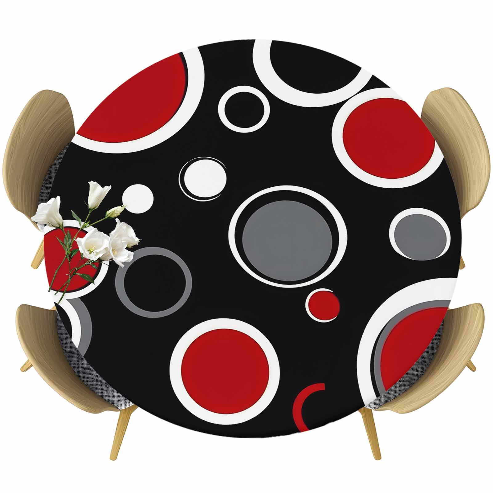 Geometric Red Round Tablecloth, Fitted Table Cover with Elastic for 36 ...