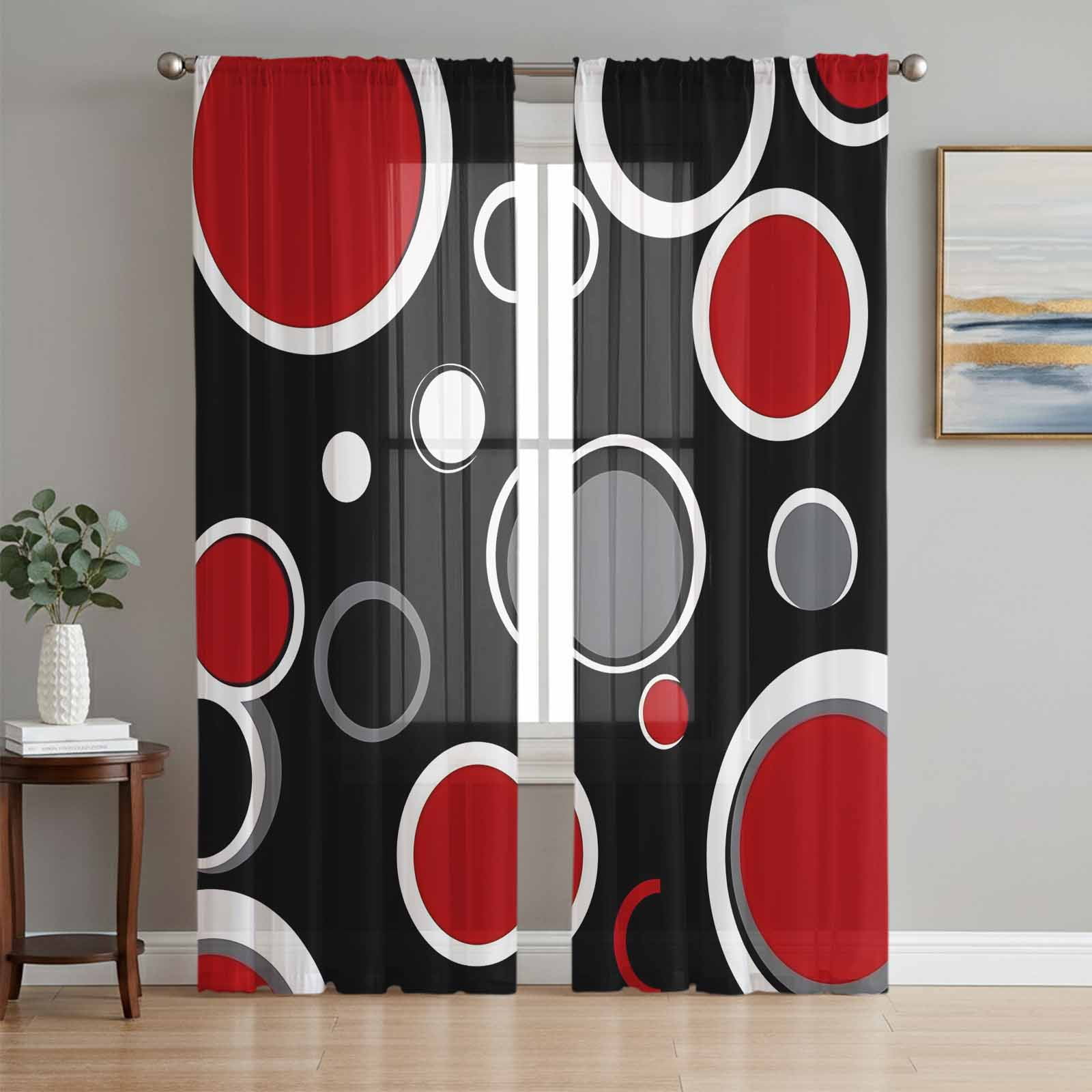 Geometric Red Sheer Curtains 72 Inch Length 2 Panels Set, Modern Black ...