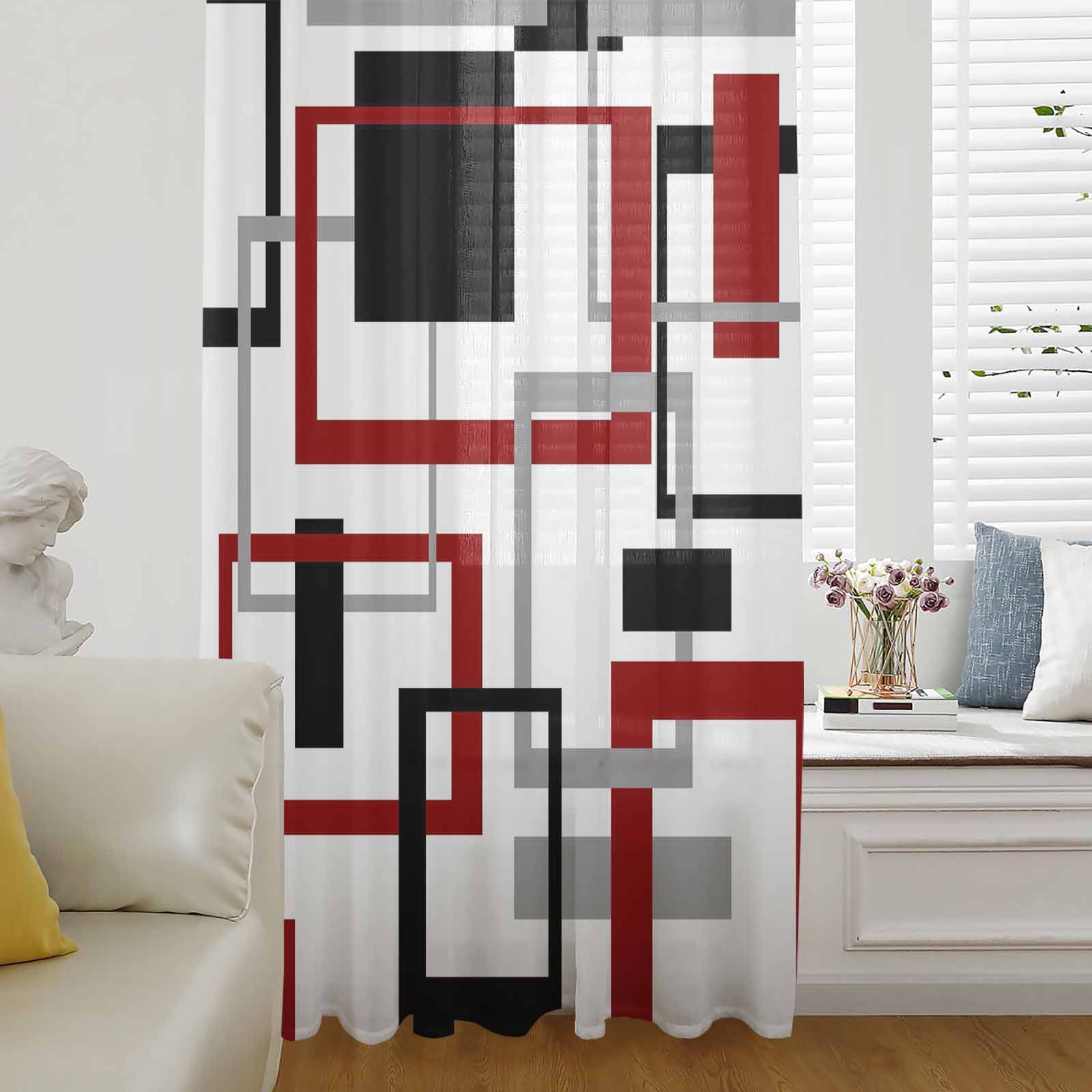 Geometric Red Window Curtain 96 Inches Long,Black Grey White Minimalist ...