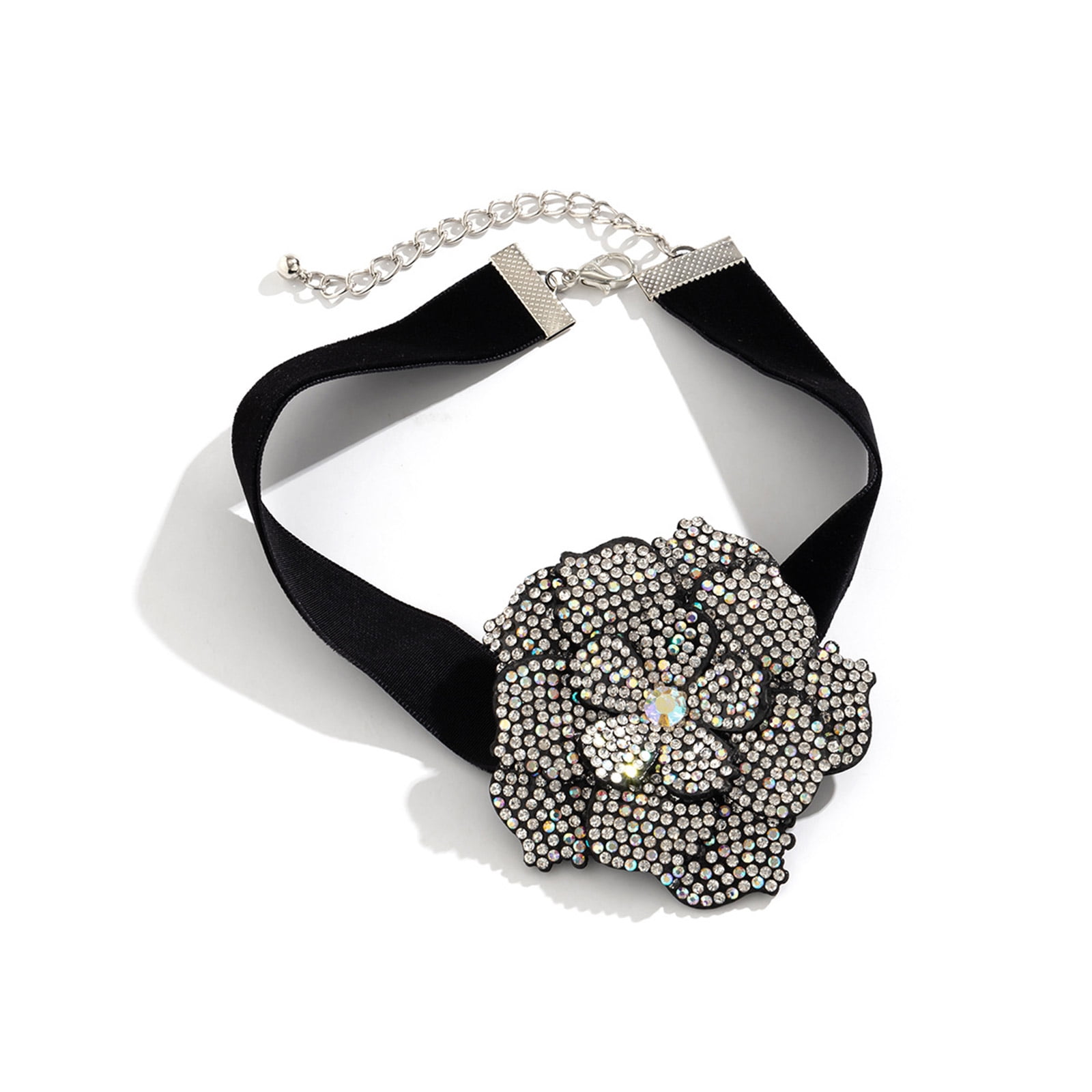 Geometric Rhinestones Necklace Elegant Flocking Cloth Flower Adjustable ...