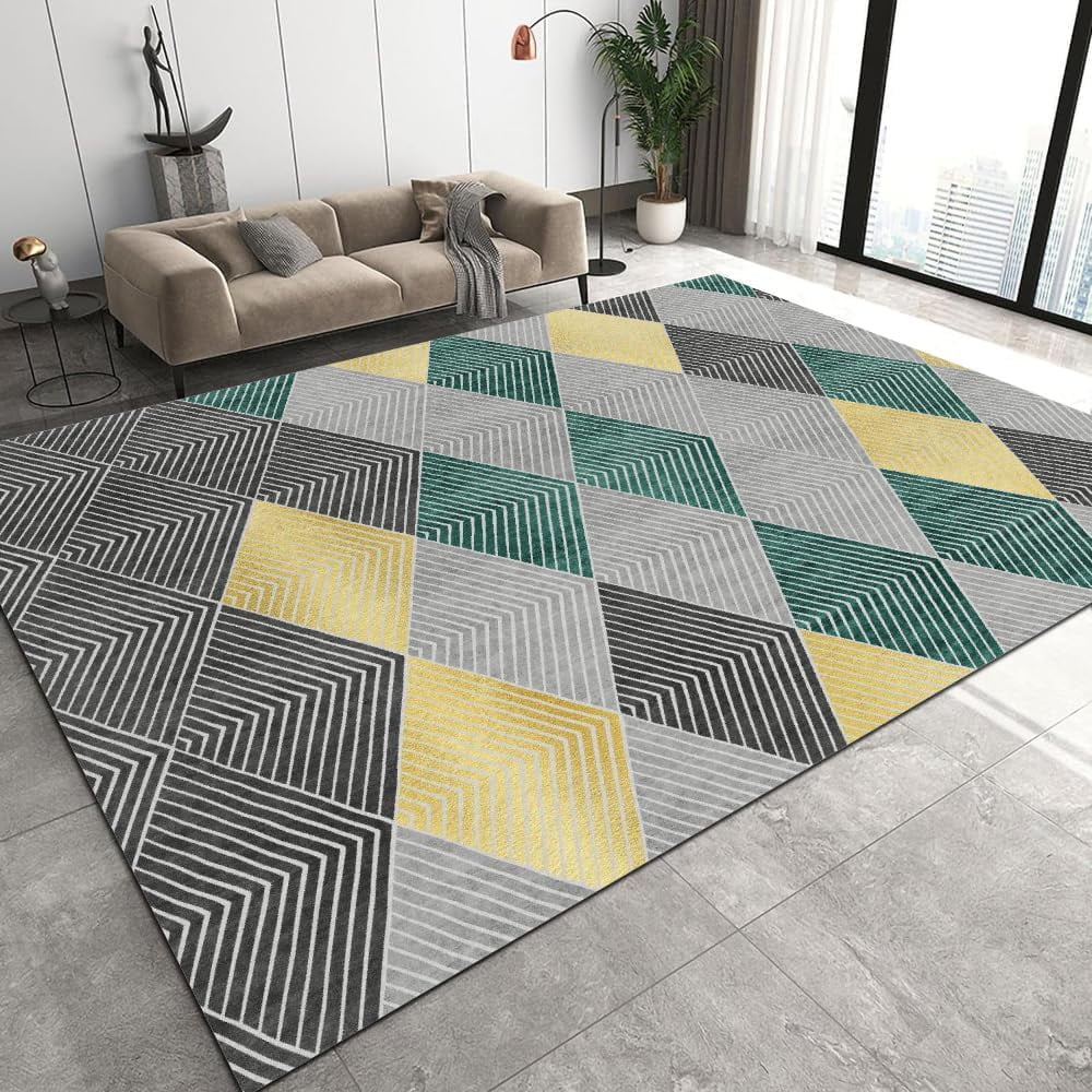 Geometric Rhombus Area Rugs for Living Room, Grey Green Yellow Bedroom ...