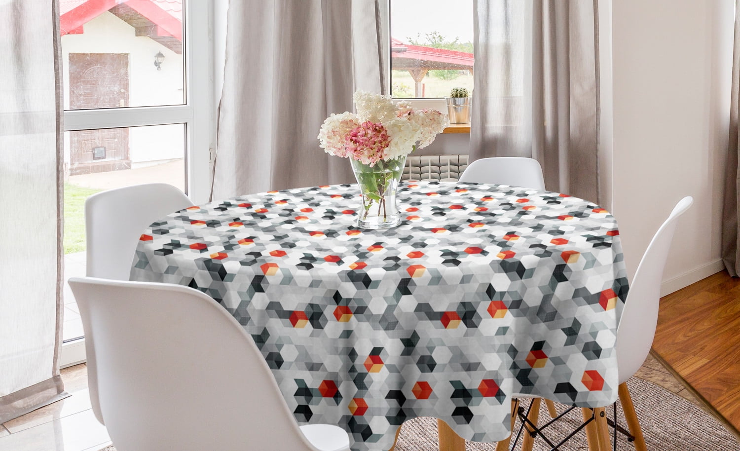 Geometric Round Tablecloth, Hexagon and Cubes Pattern Simple Polygonal ...