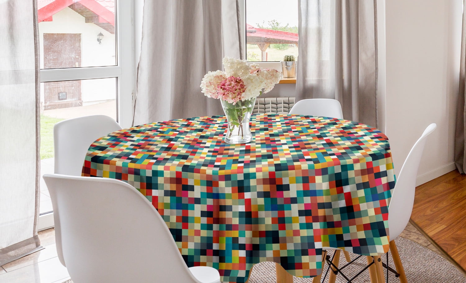 Geometric Round Tablecloth, Pixel Art Inspired Checkered Squares Grid ...