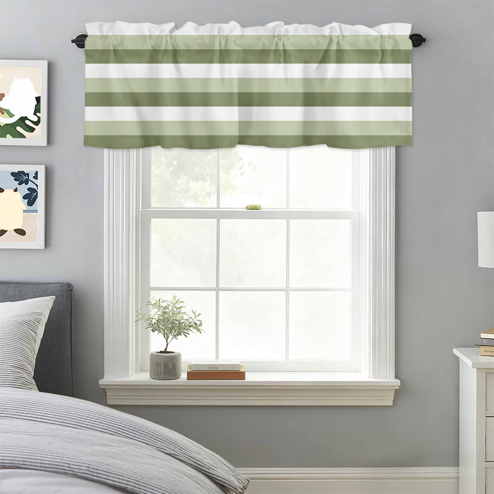 Geometric Sage Green White Stripes Valances for Windows,Rod Pocket ...