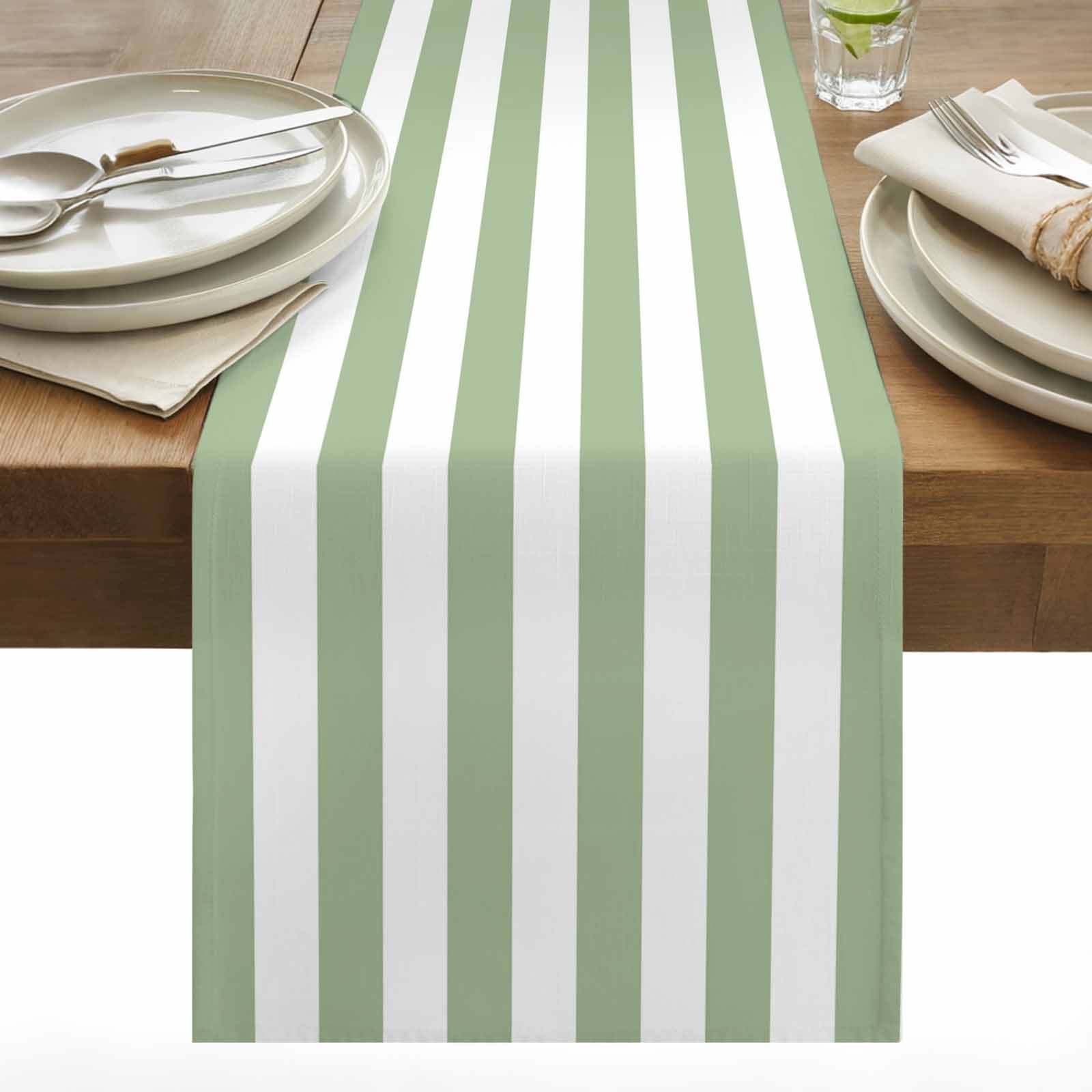 Geometric Sage Table Runner 13x108 inch Green Stripes Cotton Linen ...