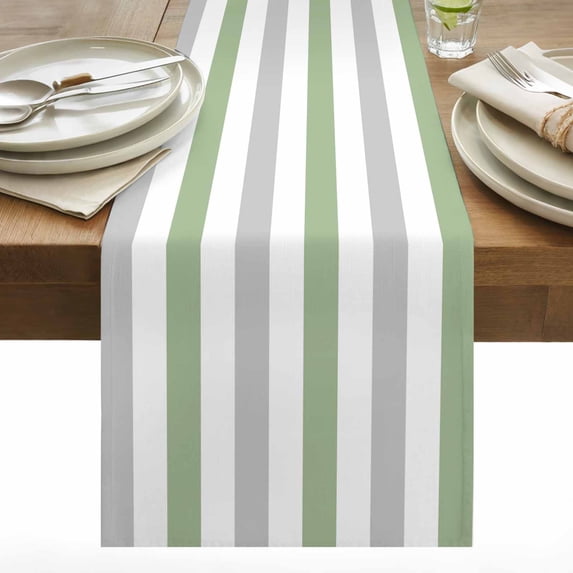 Geometric Sage Table Runner 13x48 inch Green and Gray Stripes Cotton ...