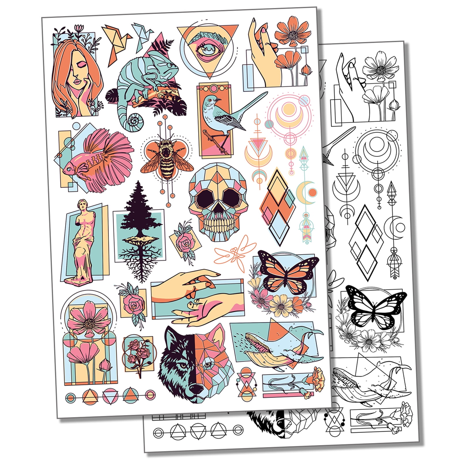 Geometric Shapes Flowers Animals Water Resistant Temporary Tattoo Set ...