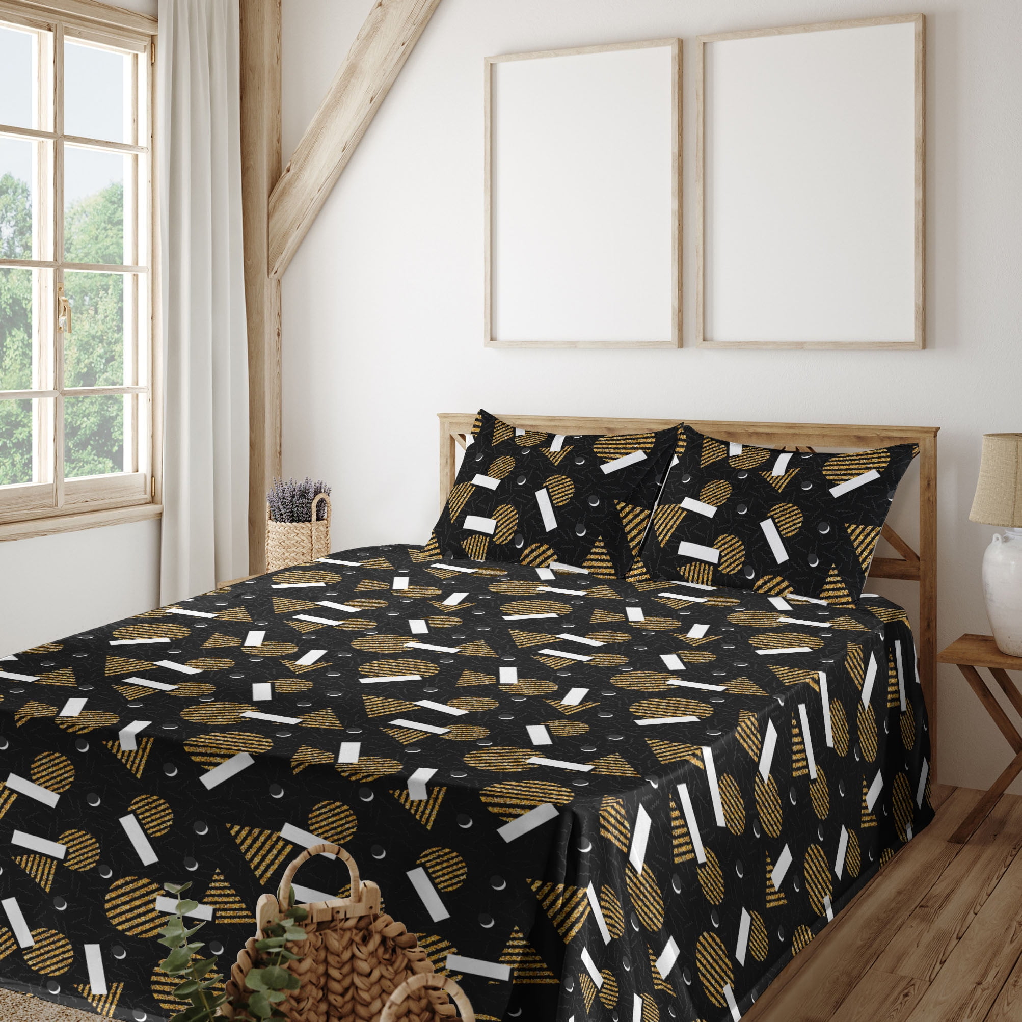 Geometric Sheet Set, 90s Style Pattern of Continuous Circles Triangles Rectangles Memphis ...