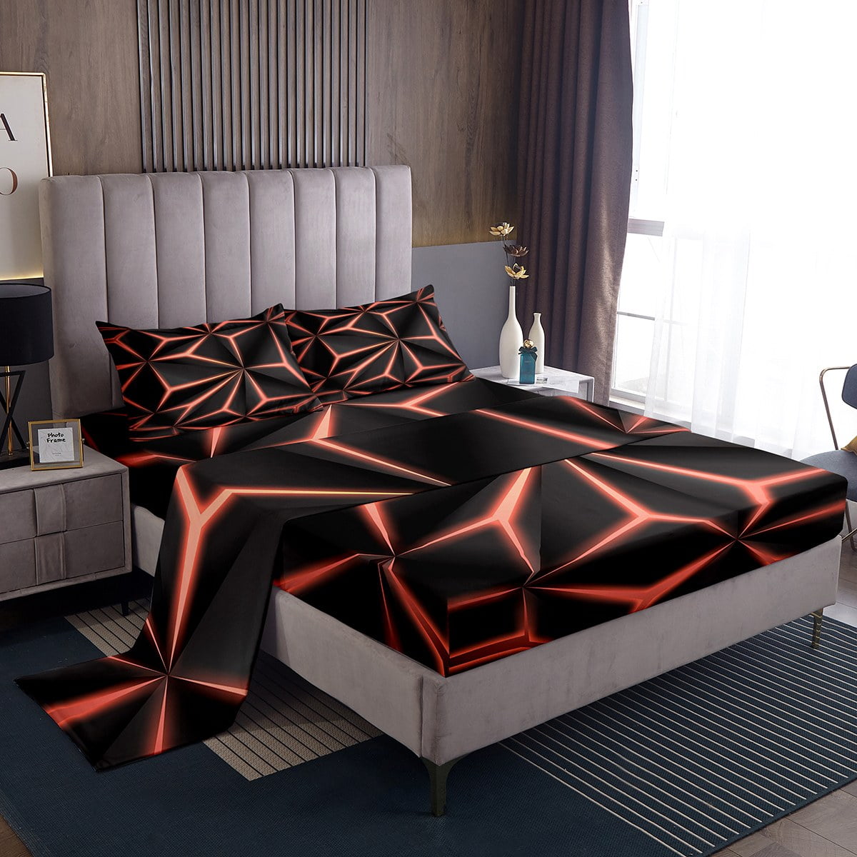 Geometric Sheet Set Women,Salmon Neon Geometry Sheets 4 Piece,Abstract ...