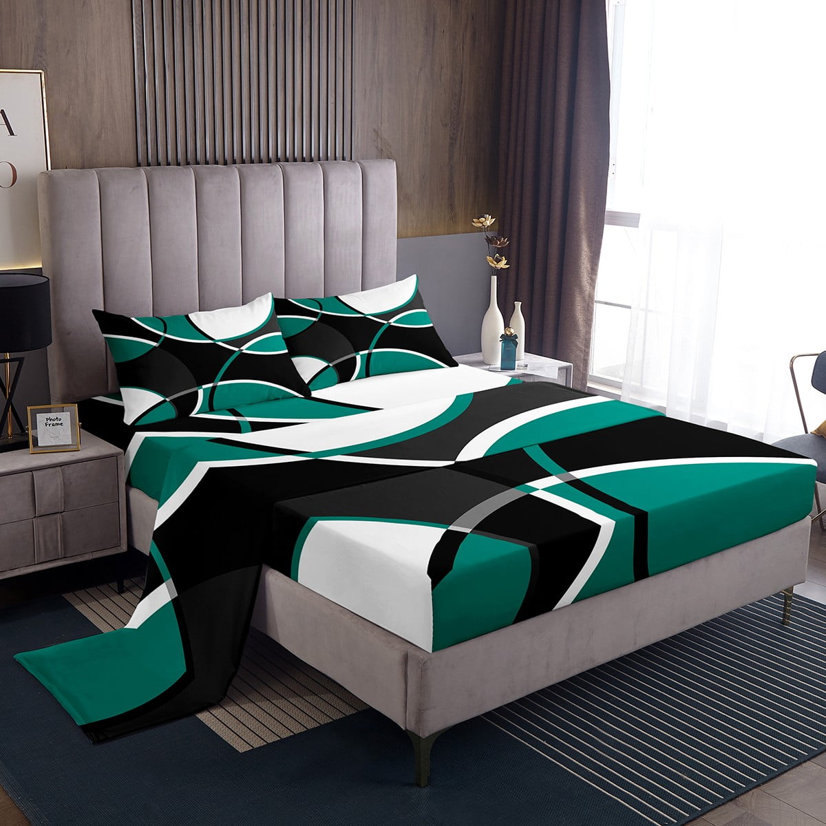 Geometric Sheet Set Black White Green Circles Stripes Abstract Bed ...