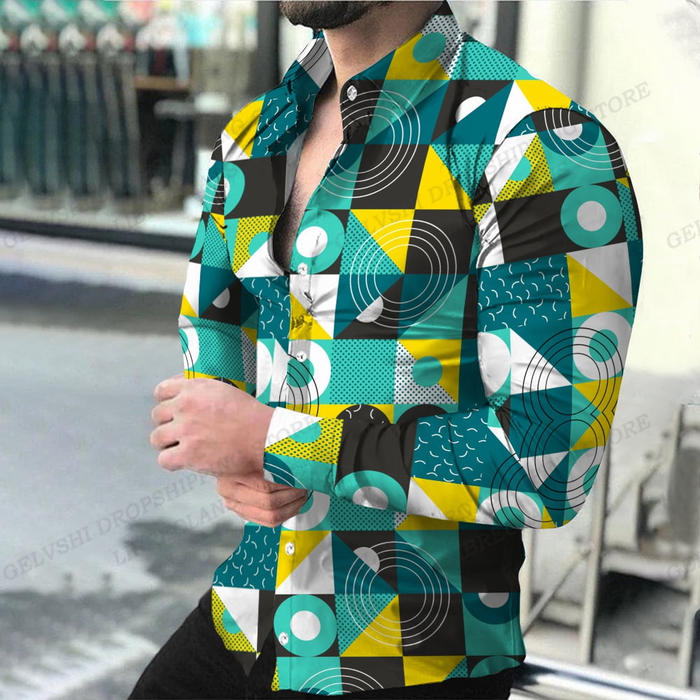 Geometric Shirts Men Fashion Shirt Long Sleeve Hawaiian Shirts Beach ...
