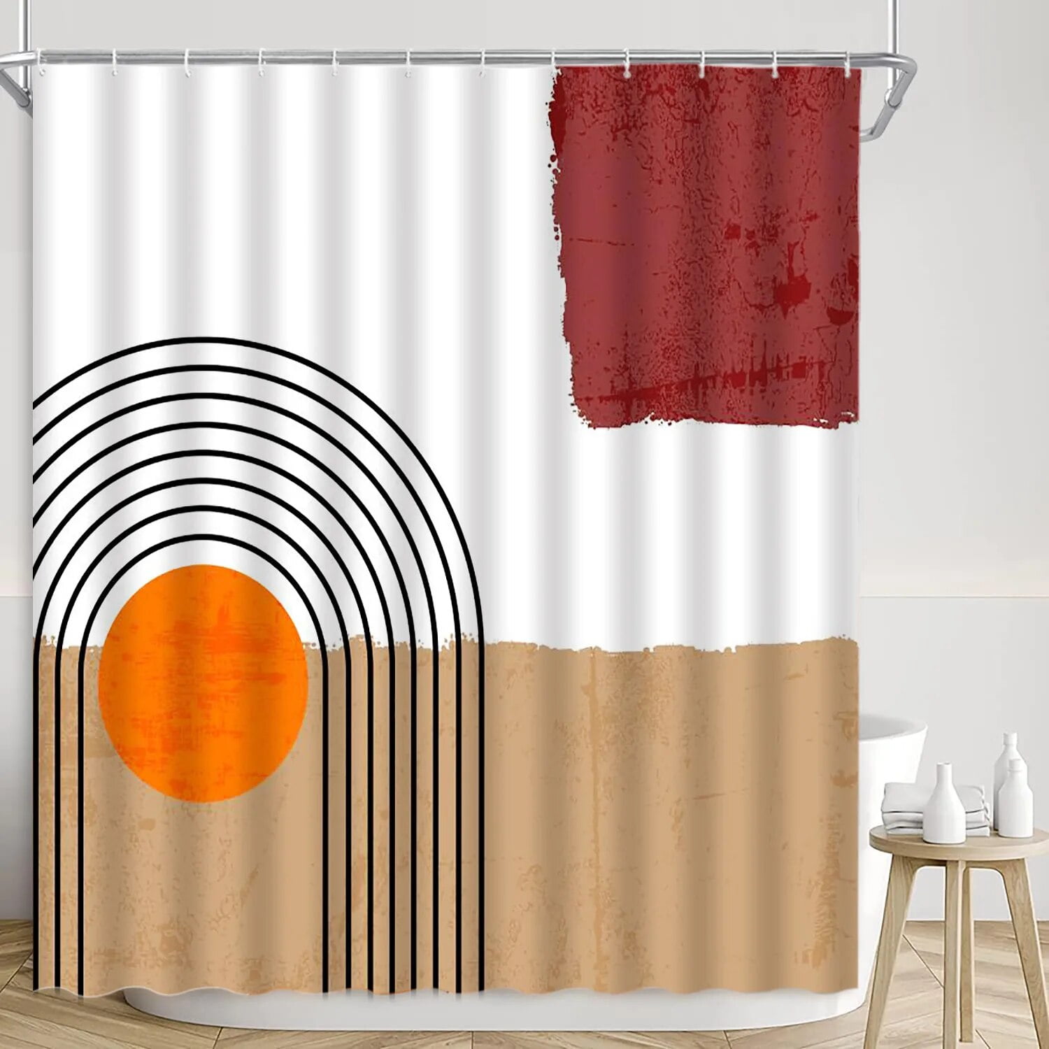 Geometric Shower Curtain Mid Century Modern Arches Sun Moon Half Circle