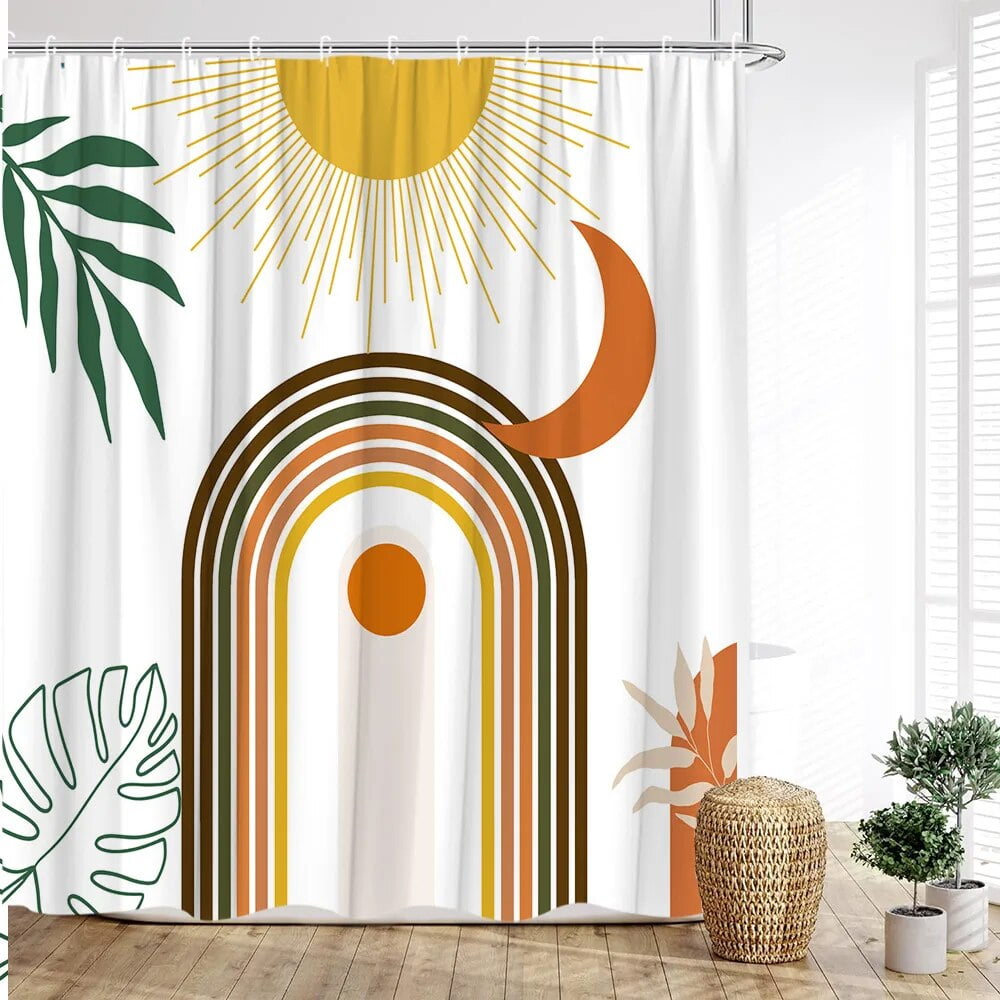 Geometric Shower Curtain Mid Century Modern Vintage Arched Leaf Moon