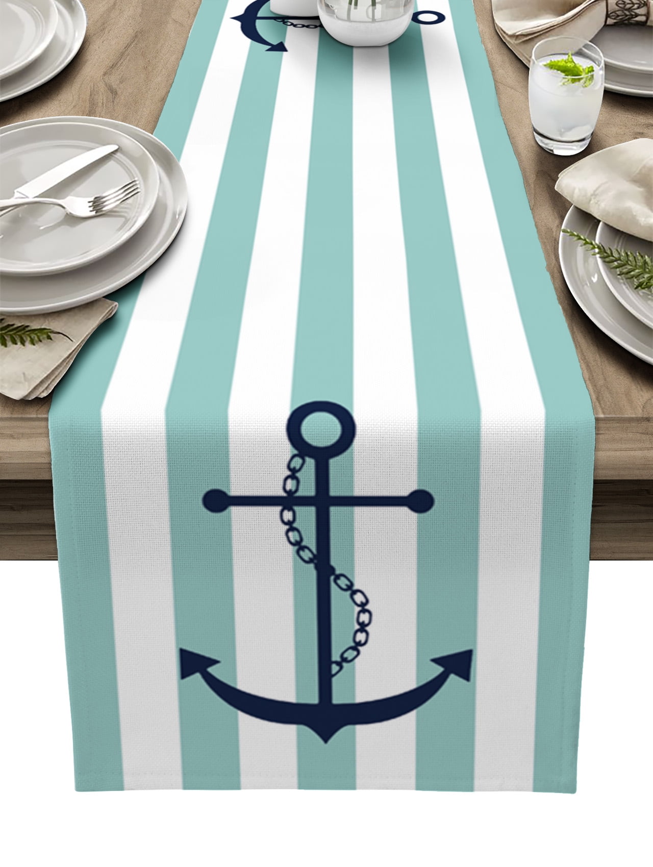 Geometric Sky Blue Stripes Anchor Mats Table Runner for Coffee Home ...