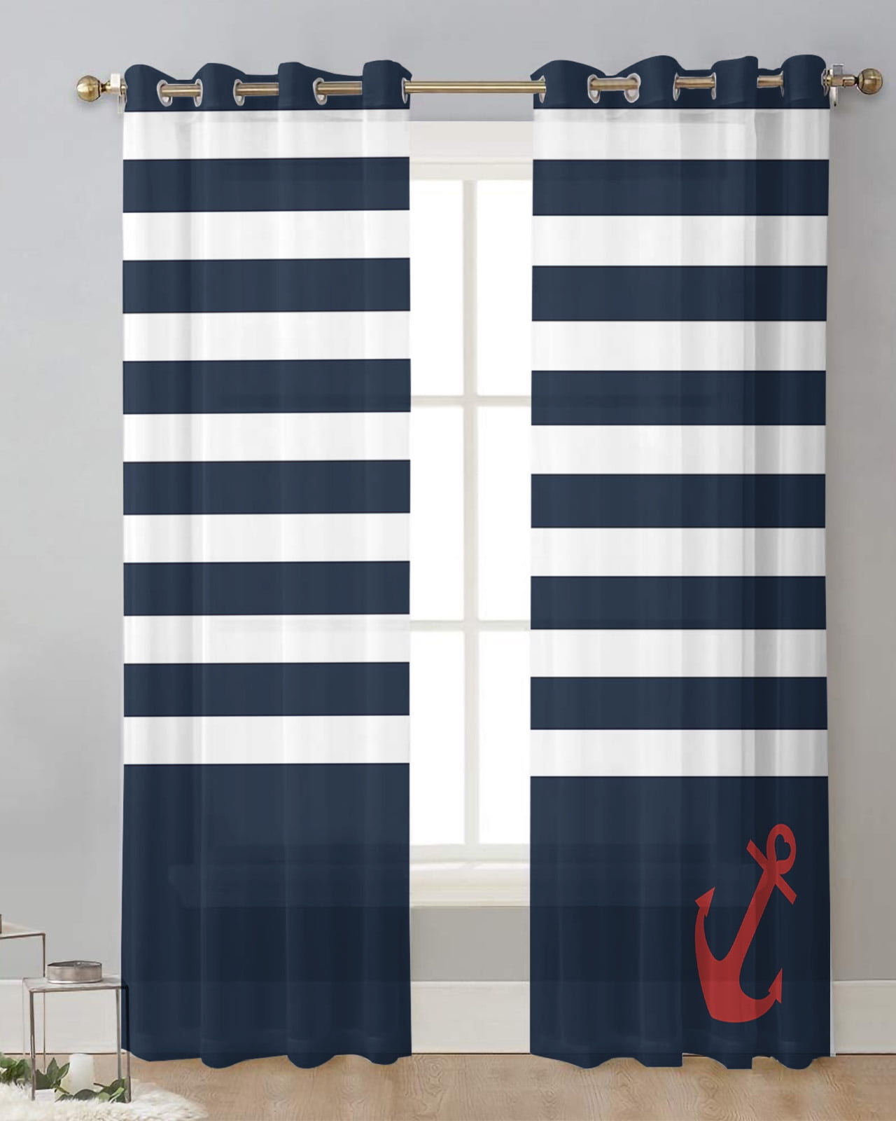 Geometric Sky Blue Stripes Anchor Tulle Drapes Living Room Bedroom ...