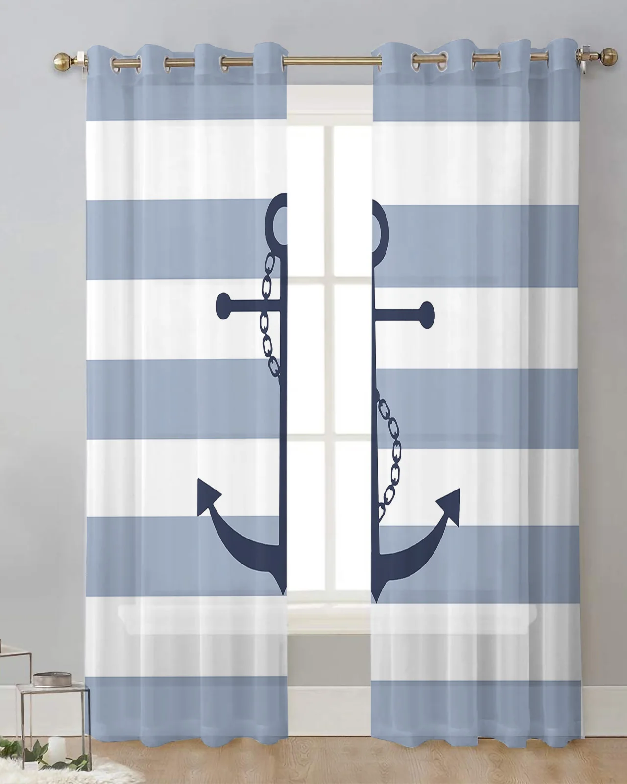 Geometric Sky Blue Stripes Anchor Tulle Drapes Living Room Bedroom ...