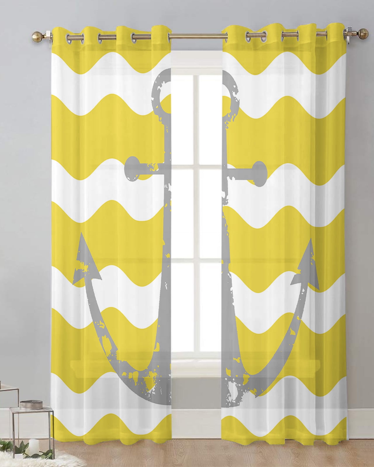 Geometric Sky Blue Stripes Anchor Tulle Drapes Living Room Bedroom ...
