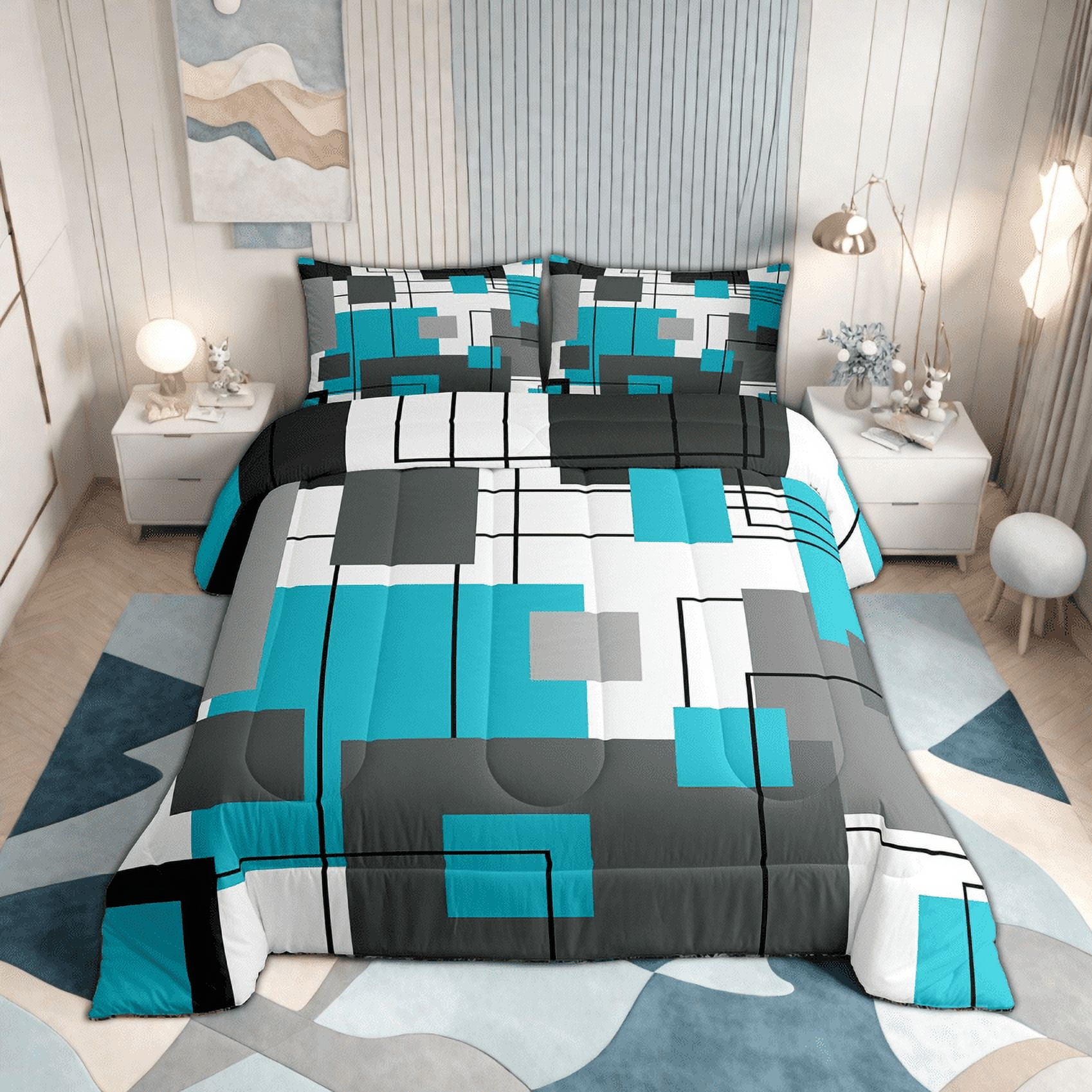 Geometric Square Down Comforter Full Teal Grey Bedding Set Black Gray ...