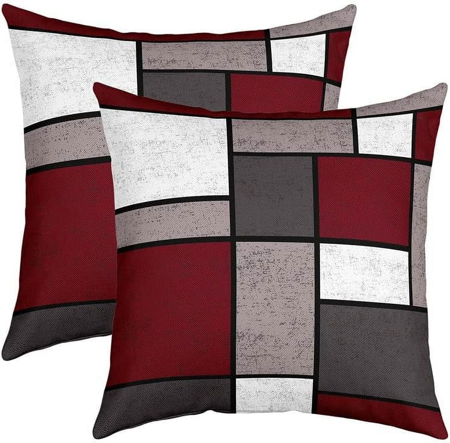 Geometric Square Cushion Covers Set of 2 Buffalo Check Red Grey White ...