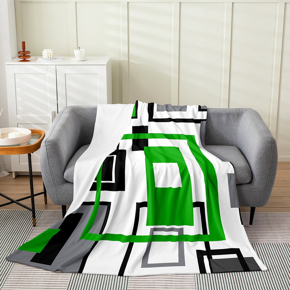 Geometric Square Fleece Blanket Black White Lime Green Grey Throw Blanket Abstract Geometry ...