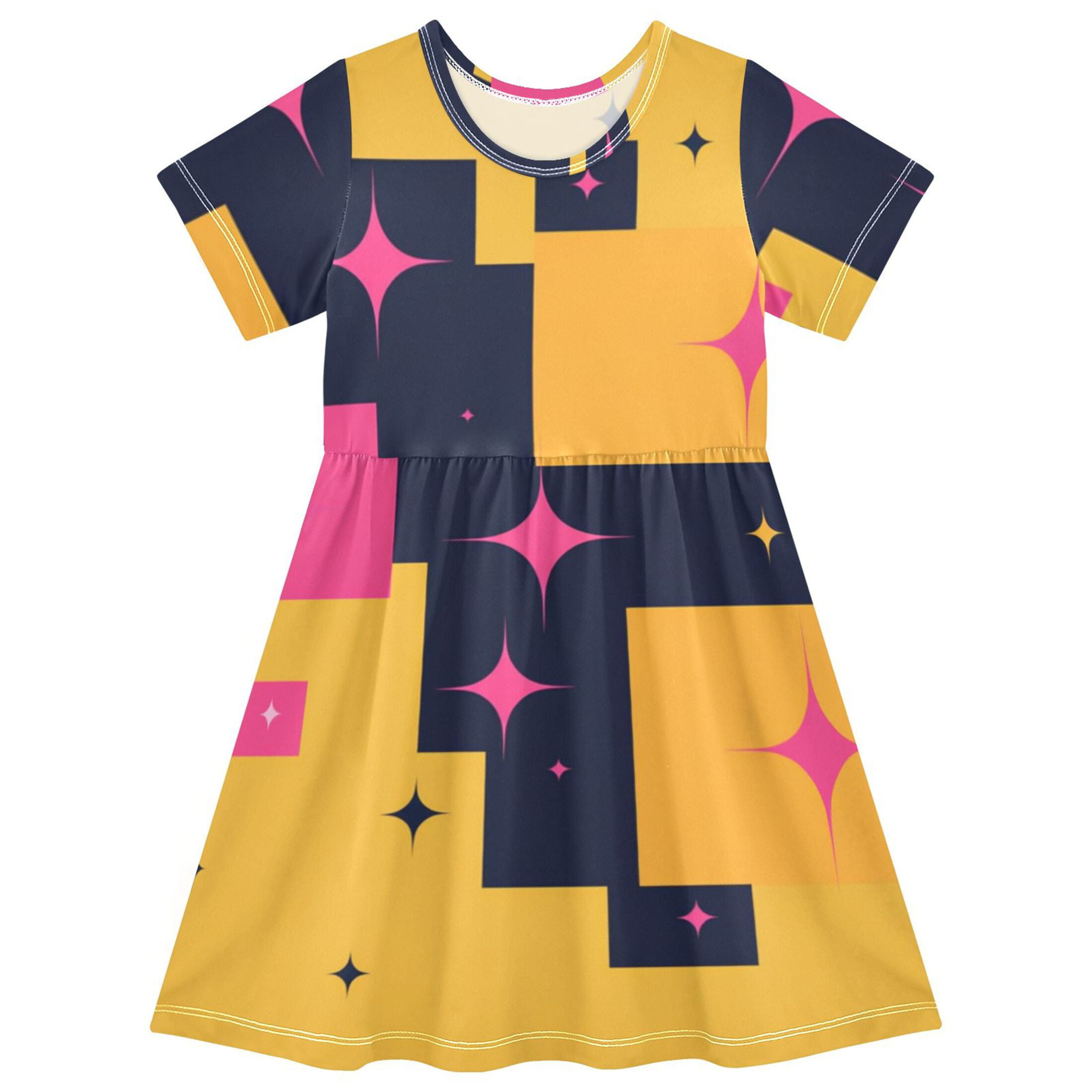 Geometric Square Patterns Stars Girls' Short Sleeve Dress A-Line One ...