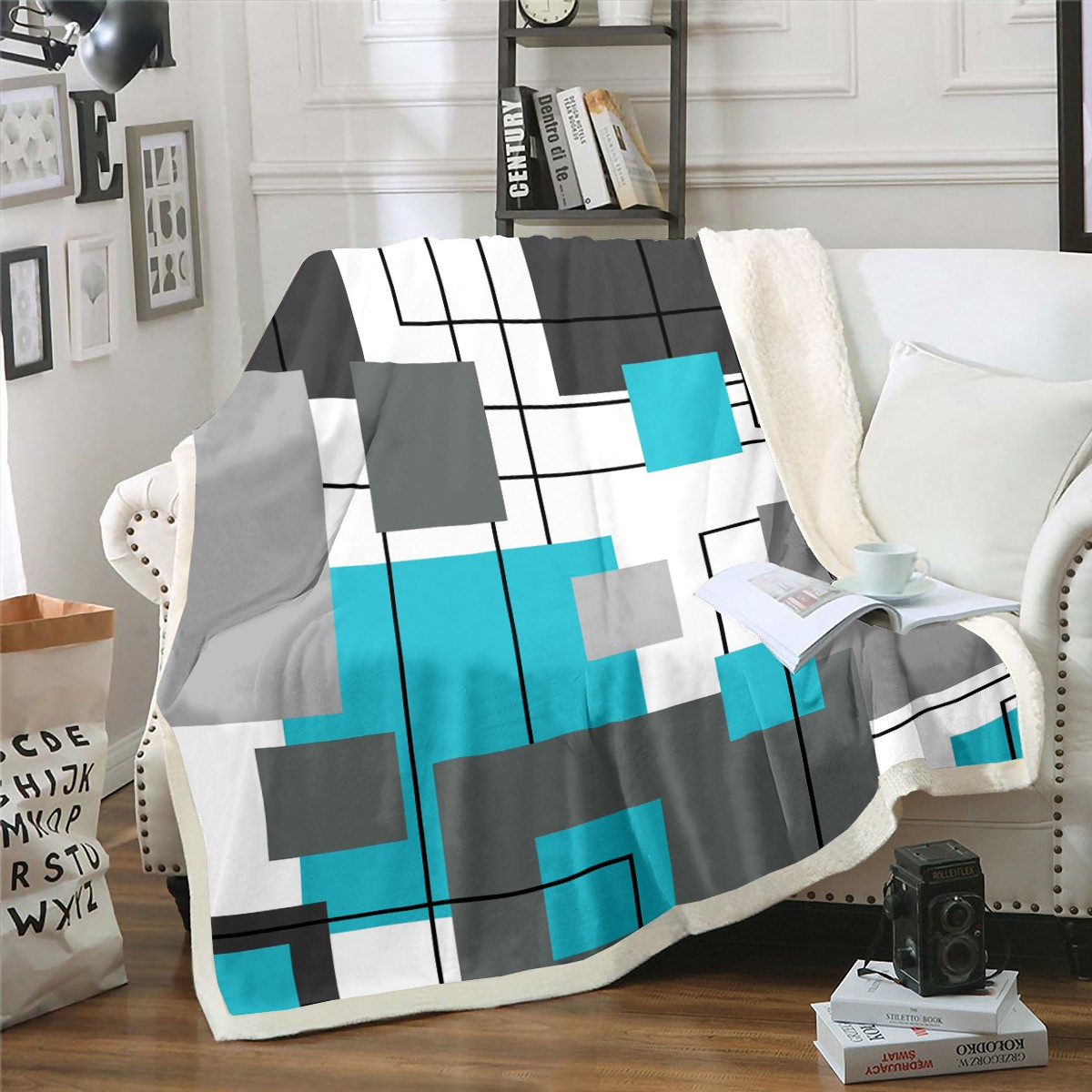 Geometric Square Sherpa Blanket 40"X50" Teal Grey Throw Blanket Black ...